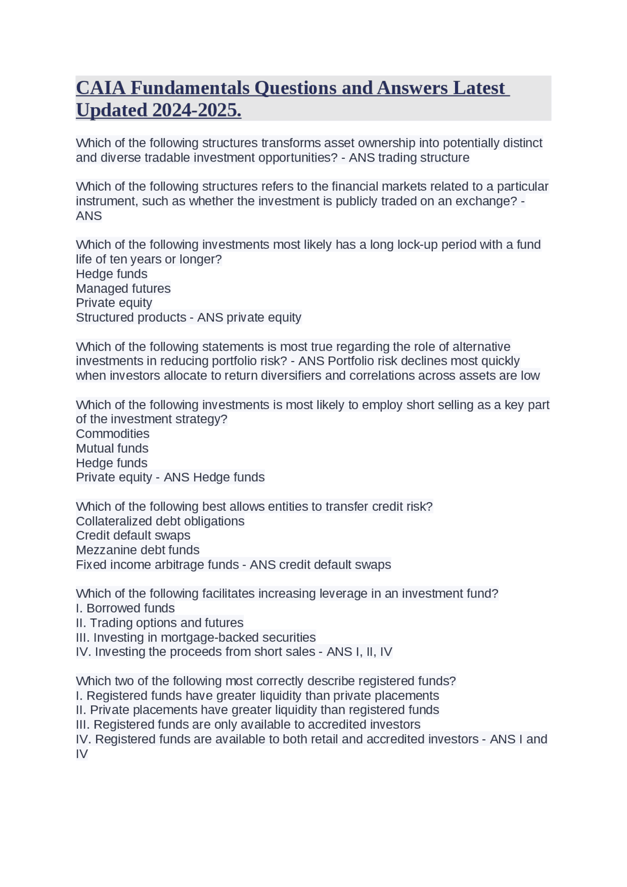 CAIA Fundamentals Questions and Answers Latest Updated 2024-2025 ...