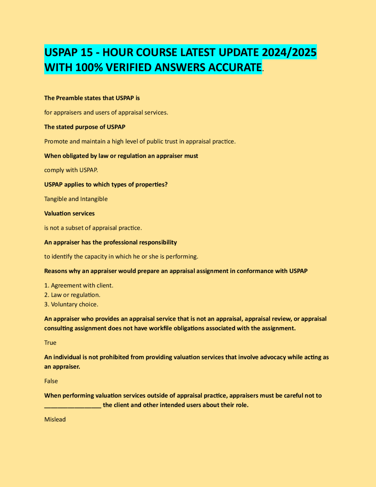 USPAP 15 - HOUR COURSE LATEST UPDATE 2024/2025 WITH 100% VERIFIED ...