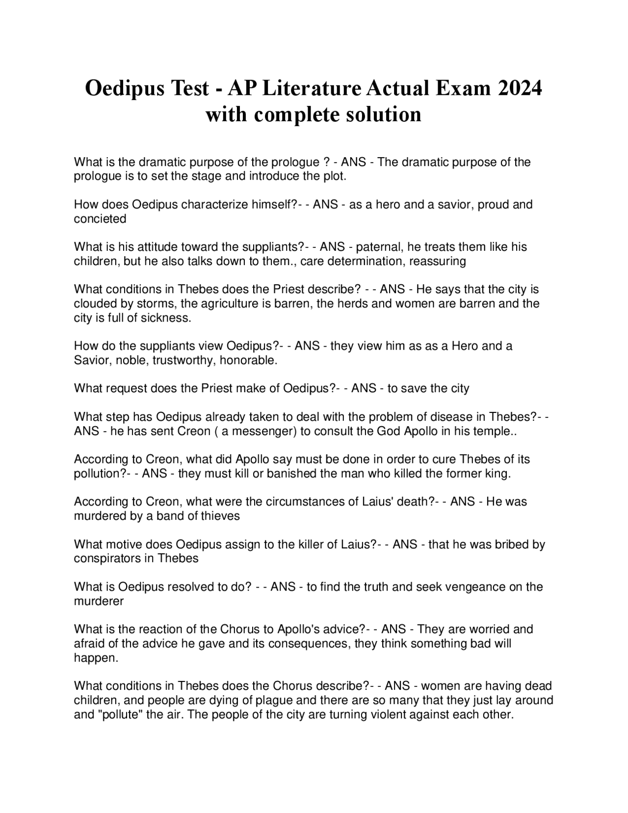Oedipus Test - AP Literature Actual Exam 2024 with complete solution ...
