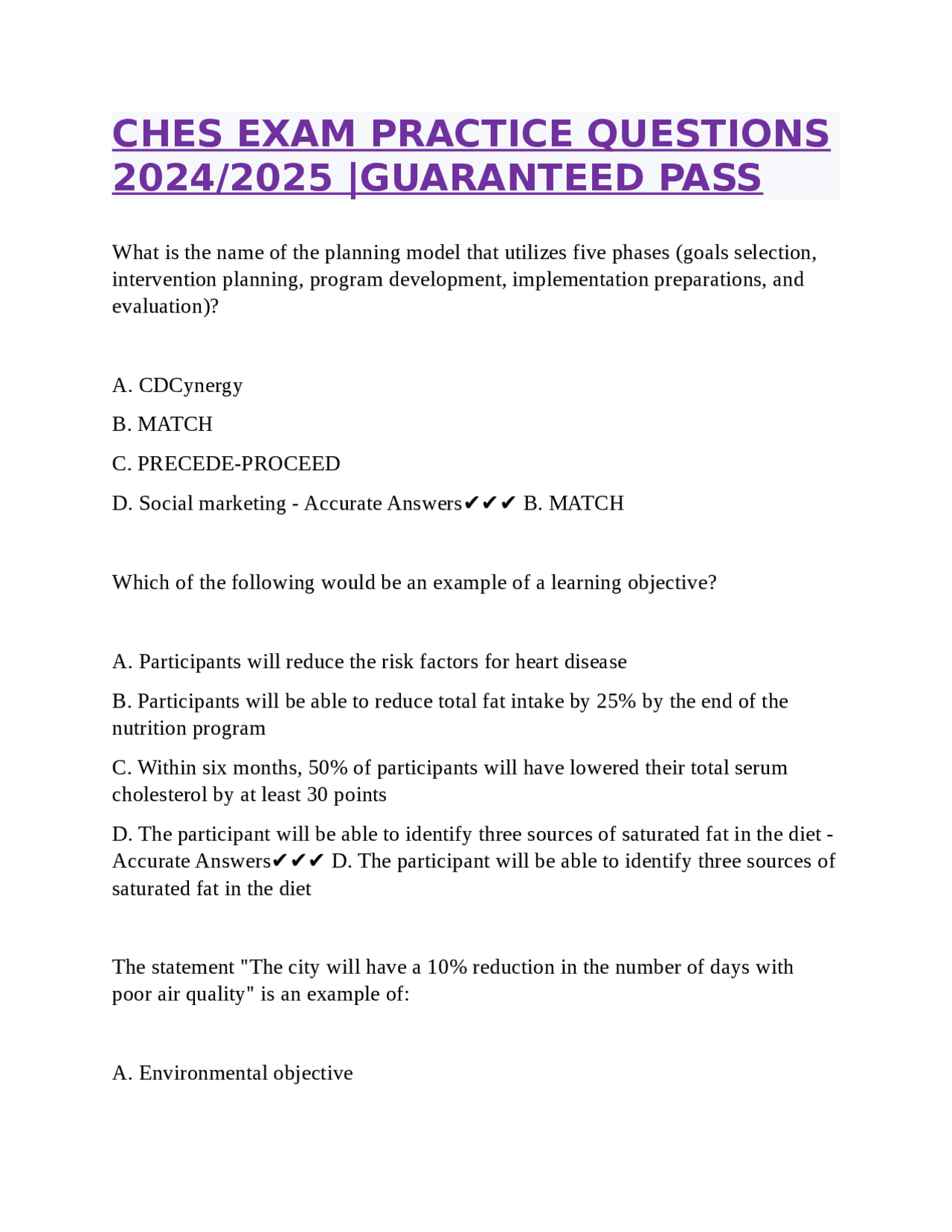 CHES EXAM PRACTICE QUESTIONS 2024/2025 |GUARANTEED PASS | Exams Nursing ...
