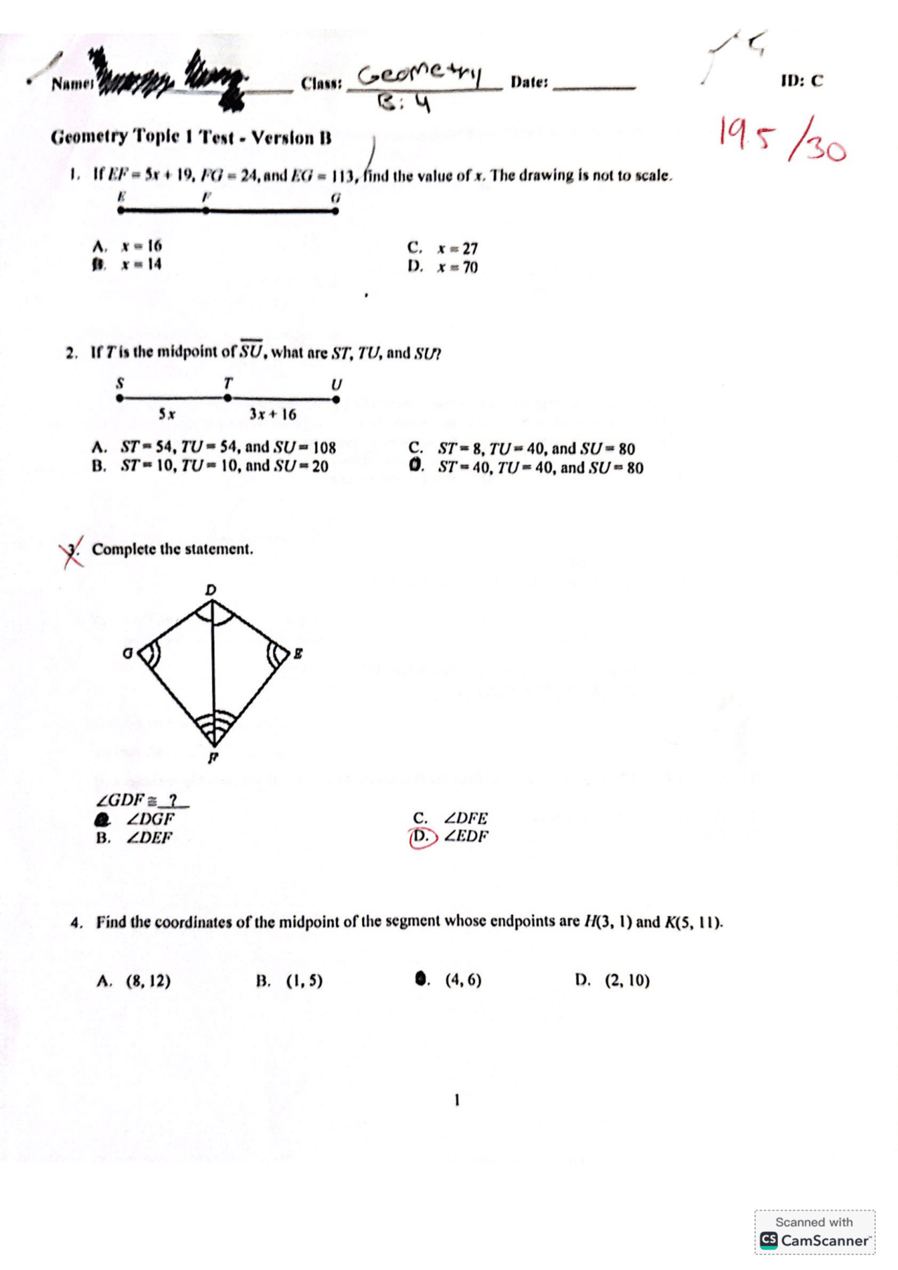 Geometry Topic 1 Test | Exams Geometry | Docsity