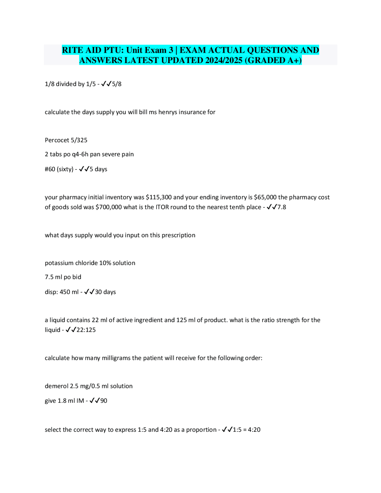 RITE AID PTU: Unit Exam 3 | EXAM ACTUAL QUESTIONS AND ANSWERS LATEST ...