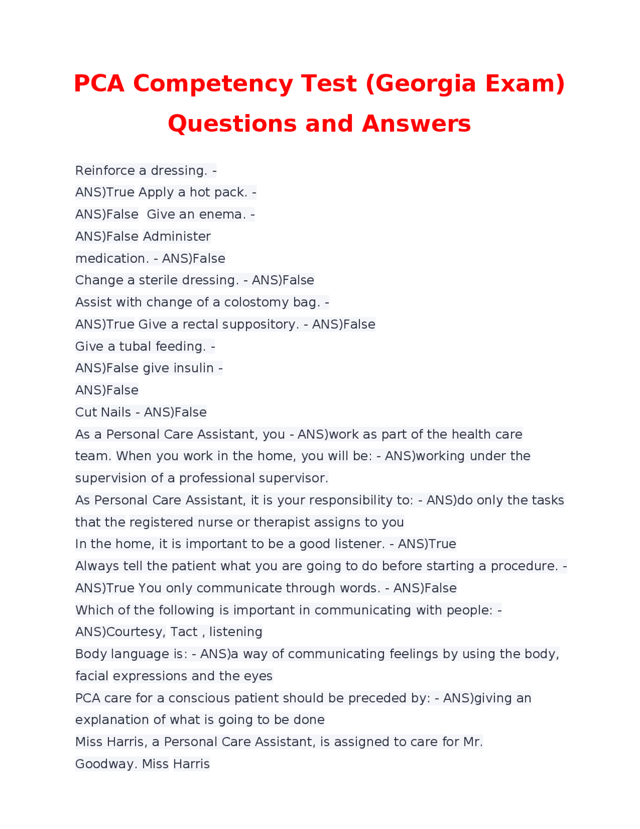 PCA Competency Test (Georgia Exam) Questions and Answers | Exams ...