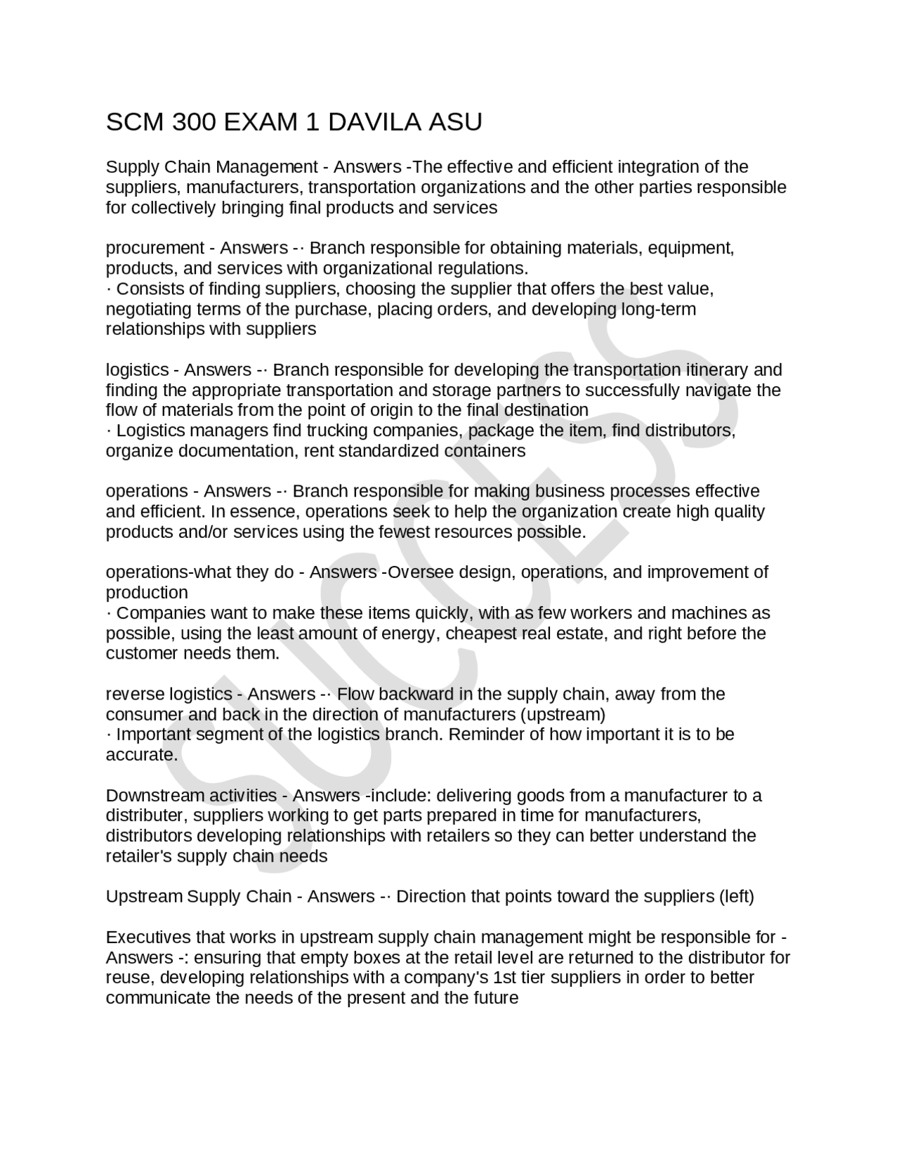 SCM 300 EXAM 1 DAVILA ASU | Exams Social Sciences | Docsity