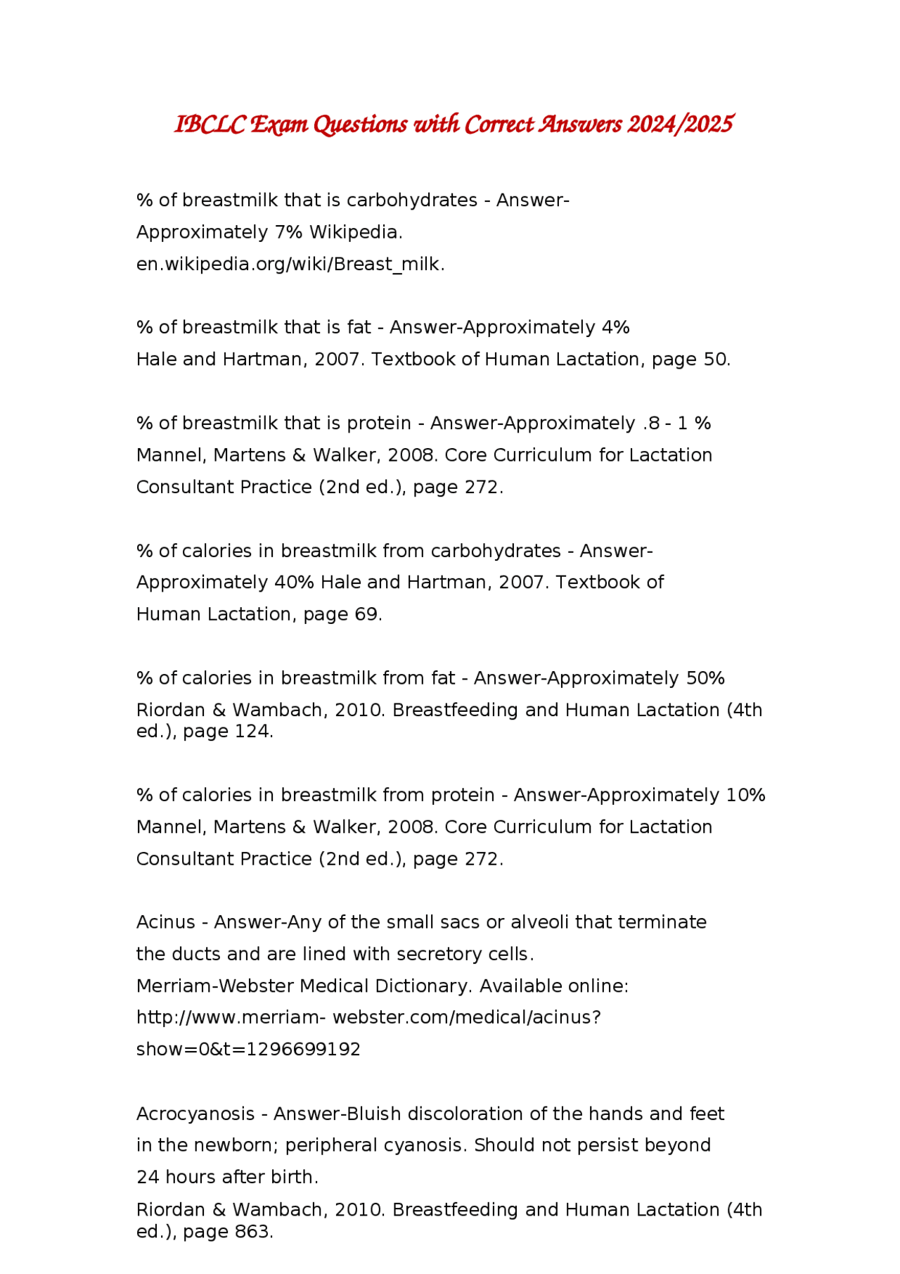 IBCLC Exam Questions with Correct Answers 2024/2025 | Exams Nursing ...