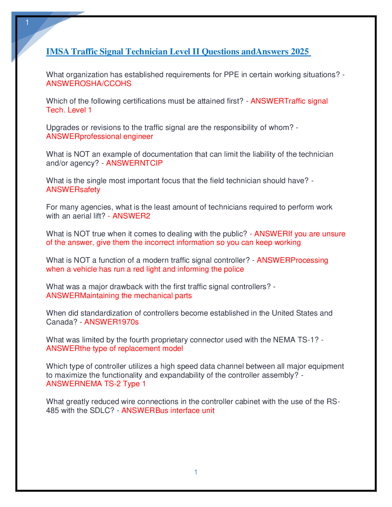 IMSA Traffic Signal Technician Level II Questions and Answers 2025 ...