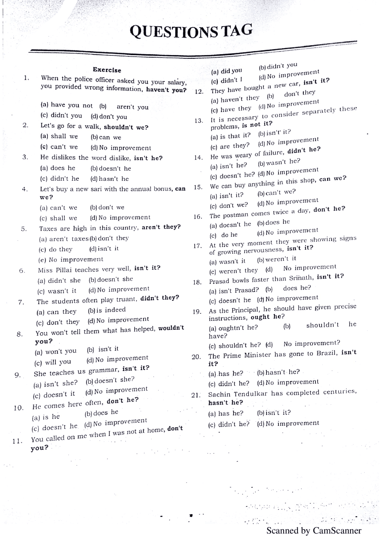 English – Questions Tag | Exercises English | Docsity