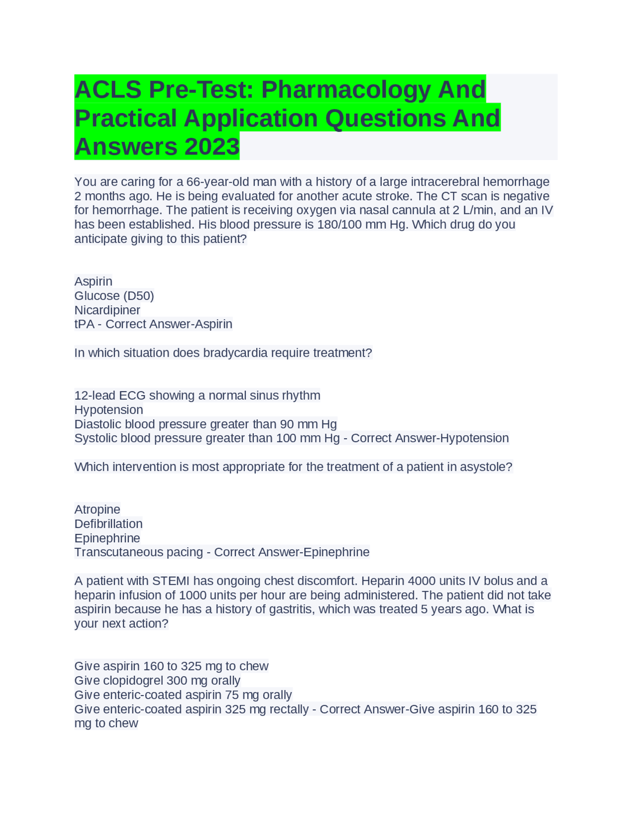 ACLS Pre-Test: Pharmacology And Practical Application Questions And ...