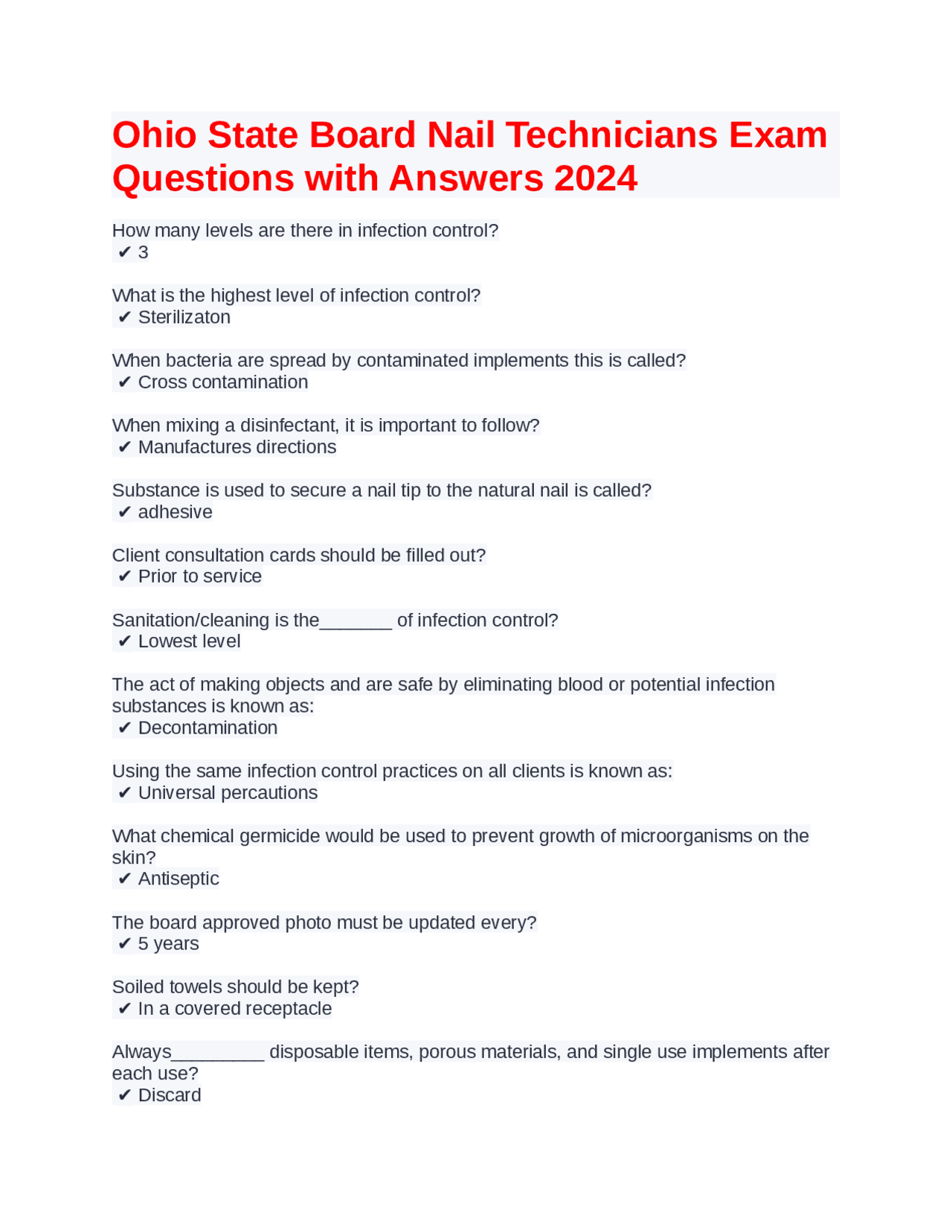 Ohio State Board Nail Technicians Exam Questions With Answers 2024