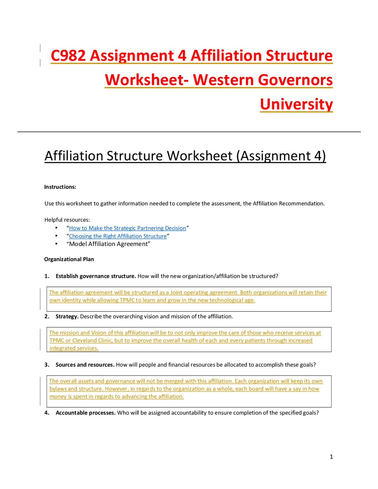 C982 Assignment 4 Affiliation Structure Worksheet- Western Governors ...