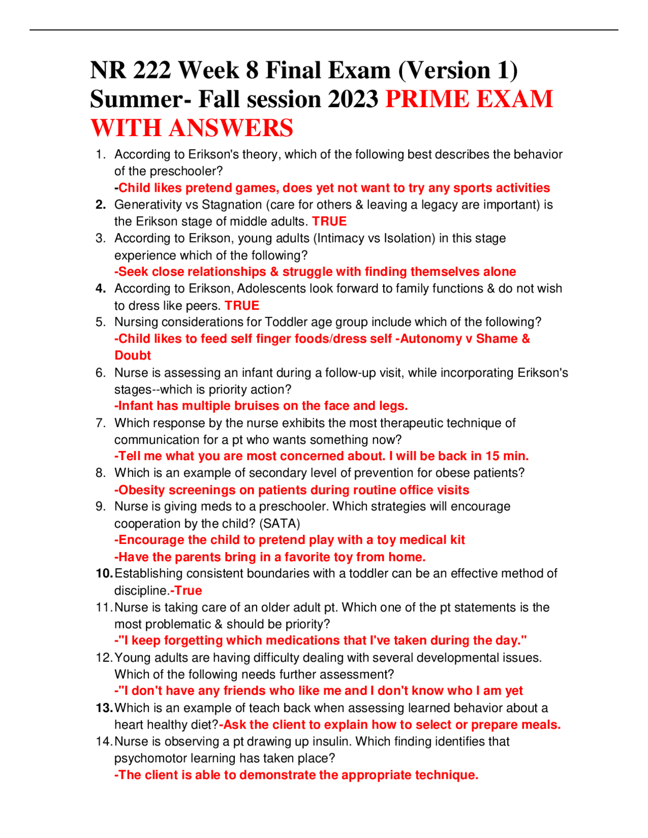 NR 222 Week 8 Final Exam (Version 1) Summer- Fall session 2023 PRIME EXAM WITH ANSWERS | Exams ...