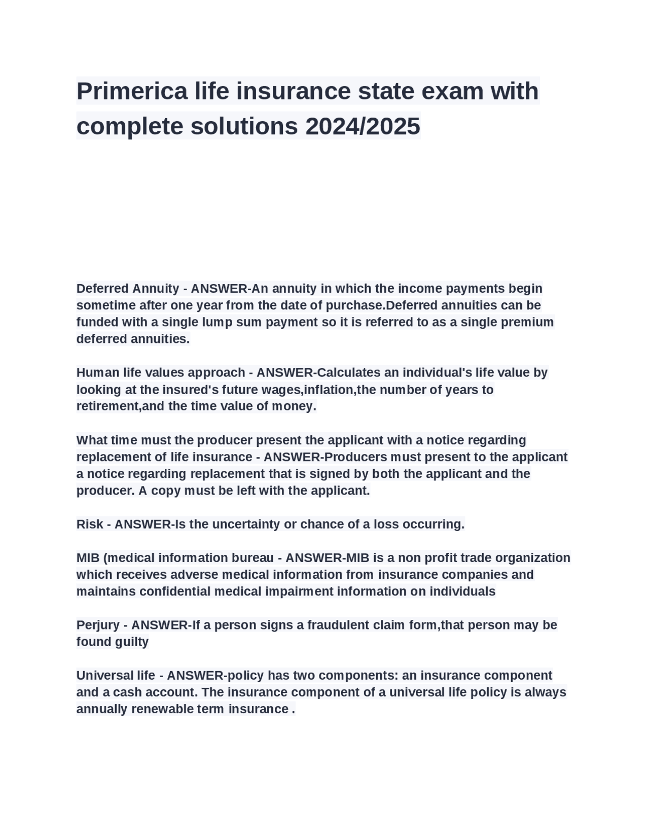 Primerica life insurance state exam with complete solutions 2024_2025 ...