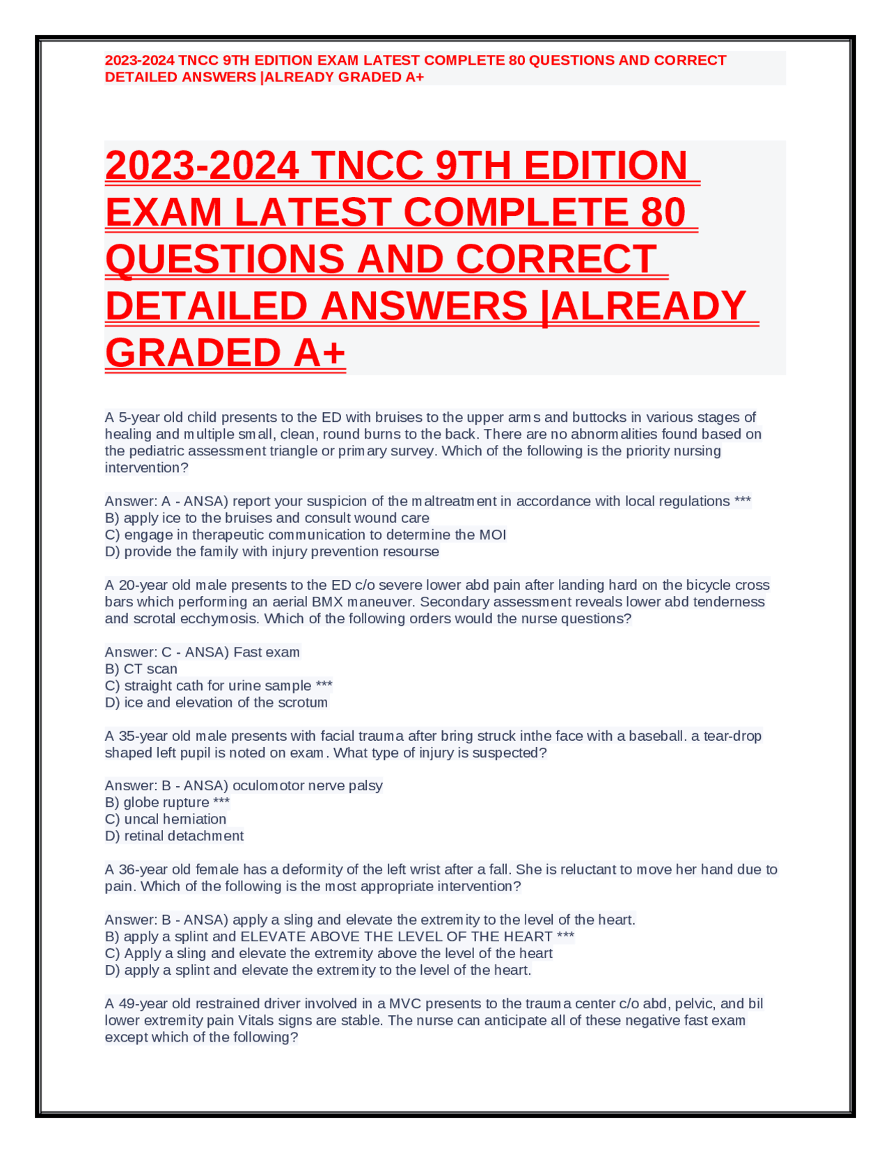 2023-2024 TNCC 9TH EDITION EXAM LATEST COMPLETE 80 QUESTIONS AND ...