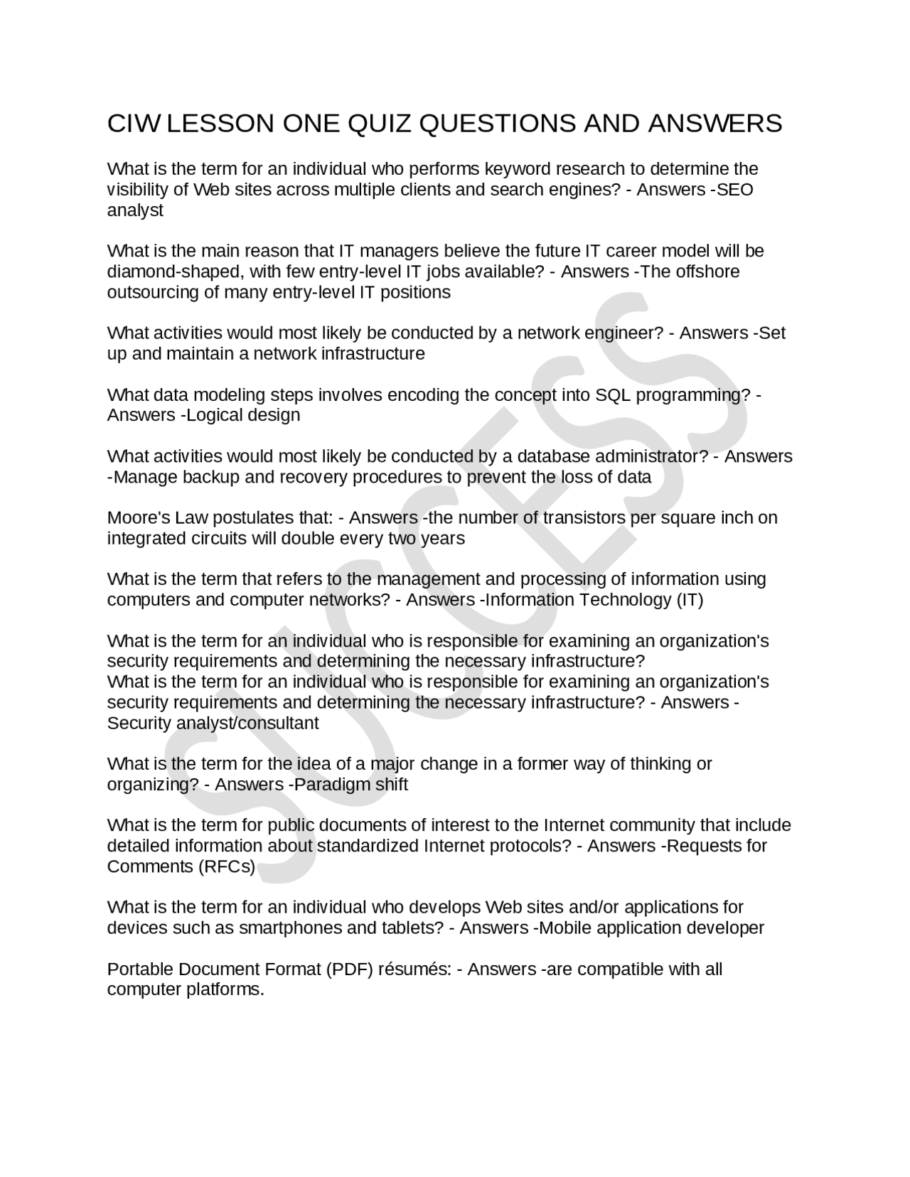 CIW LESSON ONE QUIZ QUESTIONS AND ANSWERS | Exams Sociology | Docsity