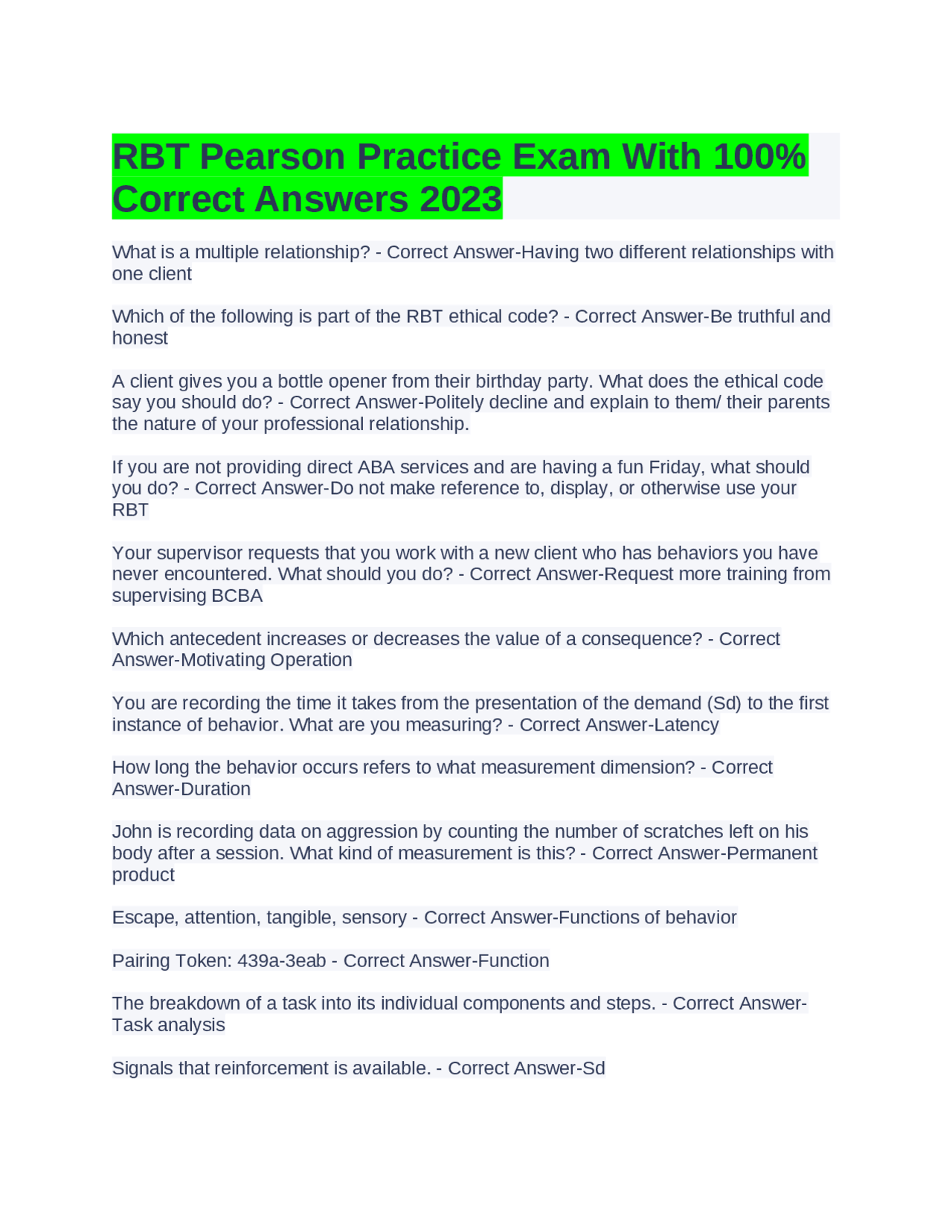 RBT Pearson Practice Exam With 100% Correct Answers 2023 | Exams ...