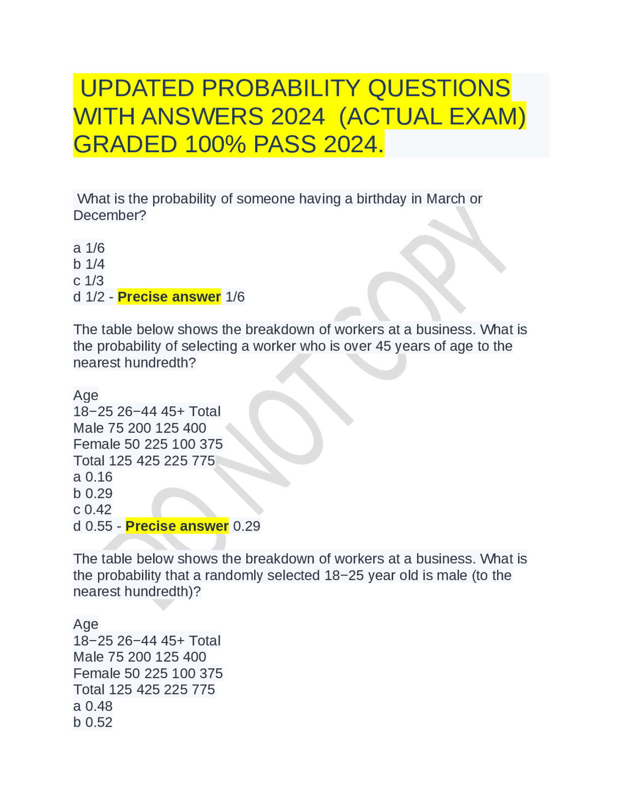 UPDATED PROBABILITY QUESTIONS WITH ANSWERS 2024 (ACTUAL EXAM) GRADED 100% PASS 2024 | Exams ...