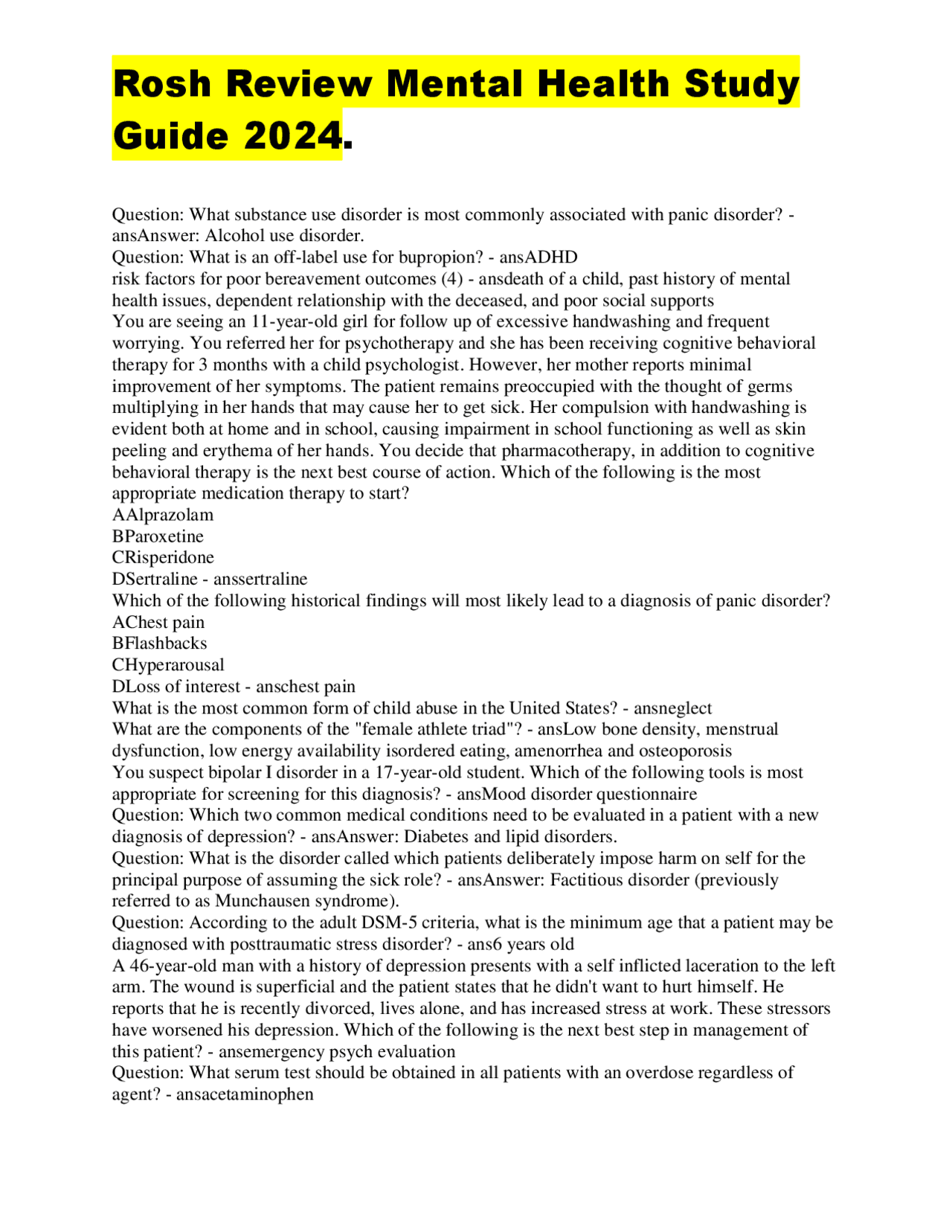 Rosh Review Mental Health Study Guide 2024 | Exams Nursing | Docsity