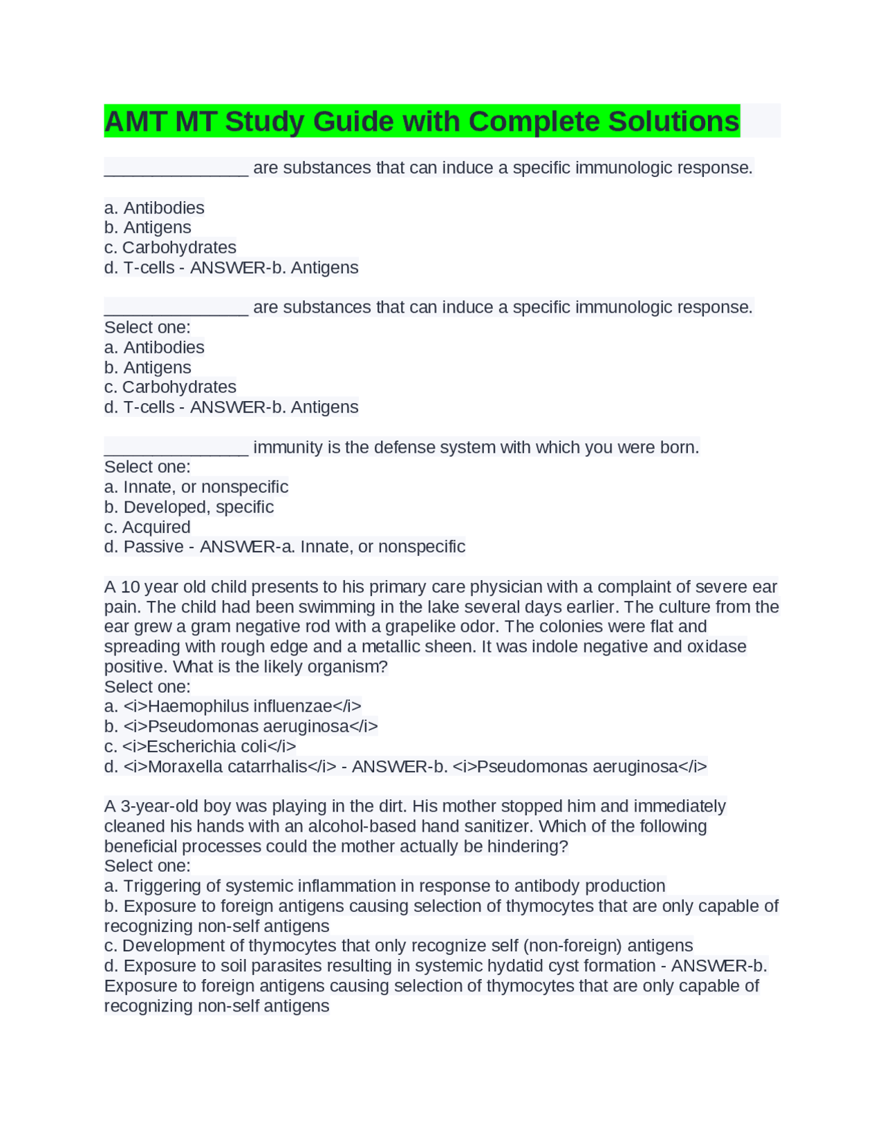 Clinical Laboratory Exam Questions | Exams Advanced Education | Docsity