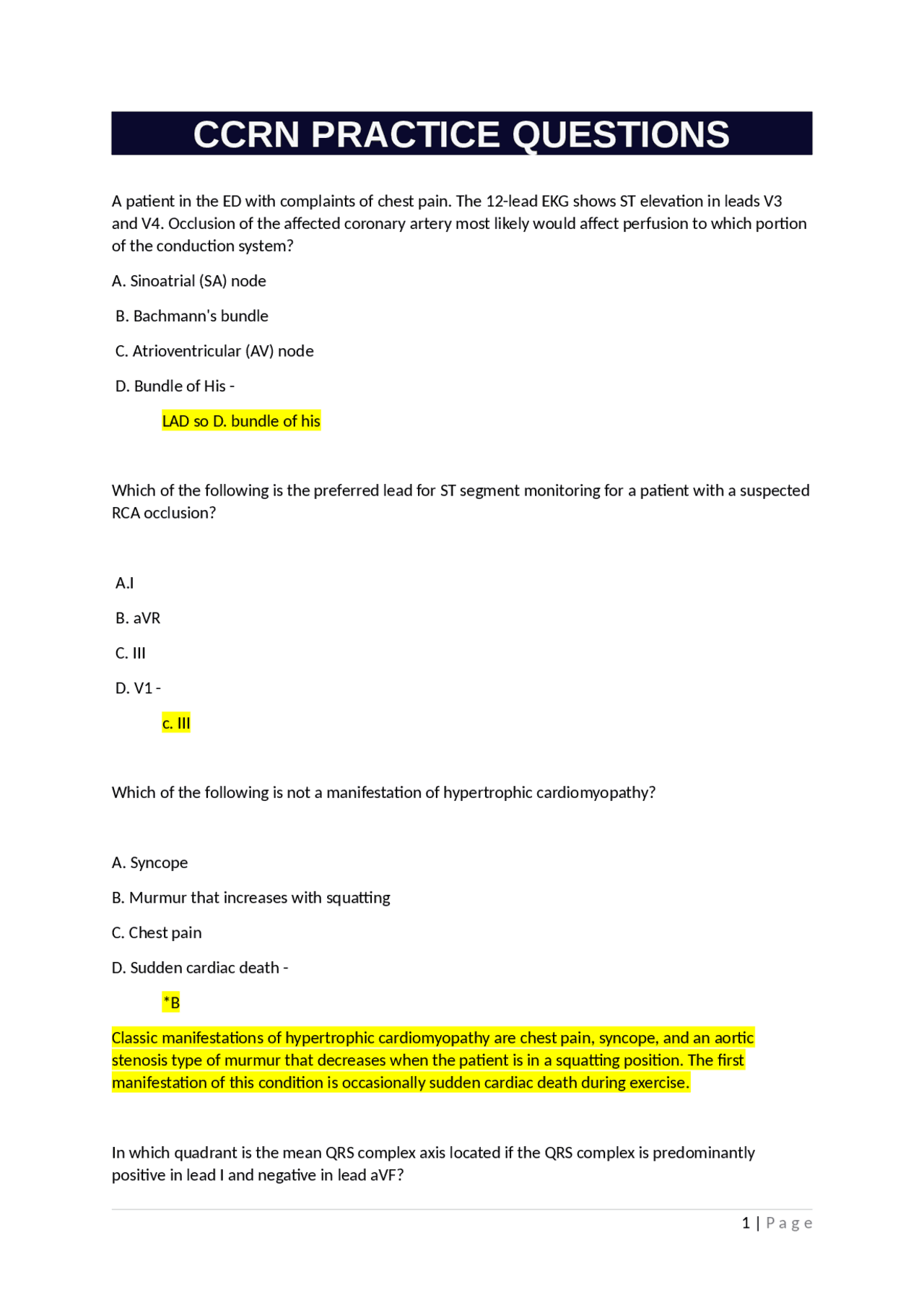 CCRN PRACTICE QUESTIONS | Exams Cardiology | Docsity