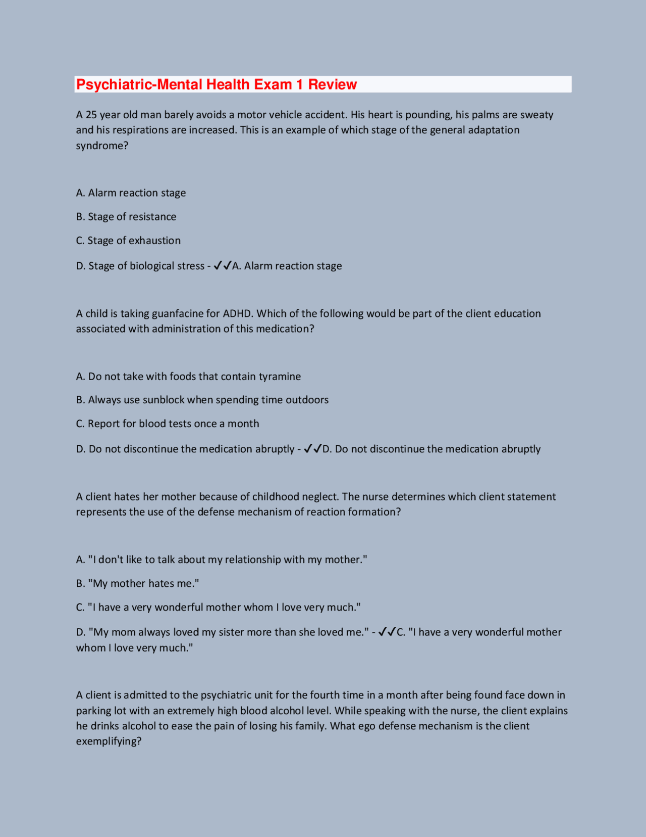 Psychiatric-Mental Health Exam 1 Review Questions with Answers Latest ...