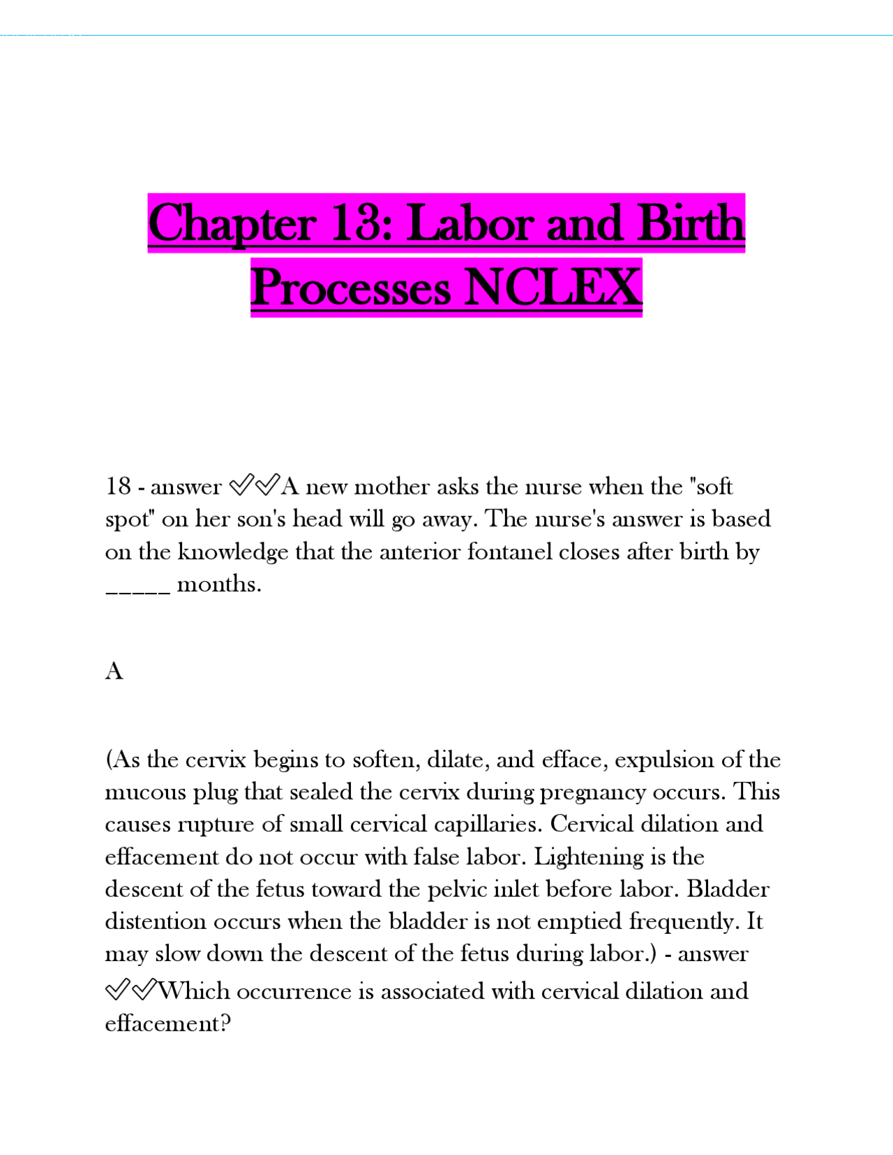 Chapter 13 Labor and Birth Processes NCLEX | Exams Nursing | Docsity