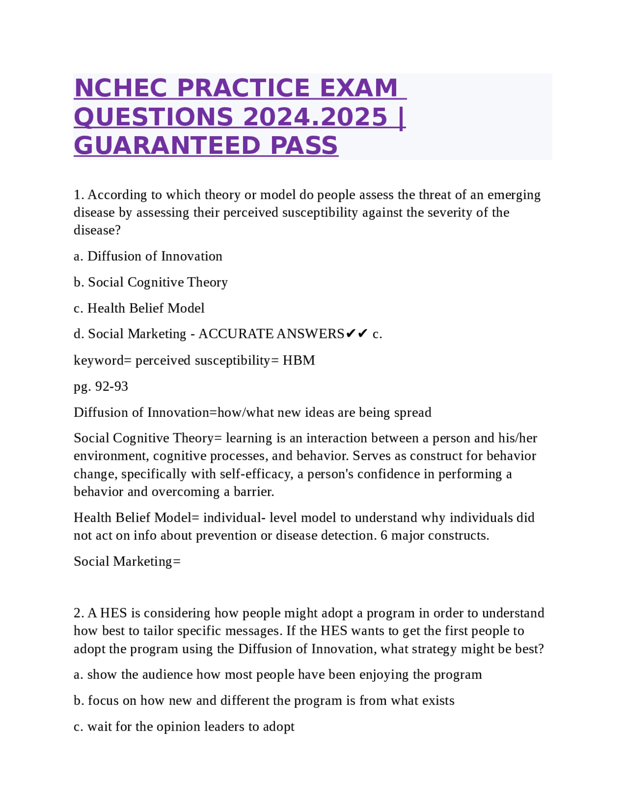 NCHEC PRACTICE EXAM QUESTIONS 2024.2025 |GUARANTEED PASS | Exams ...