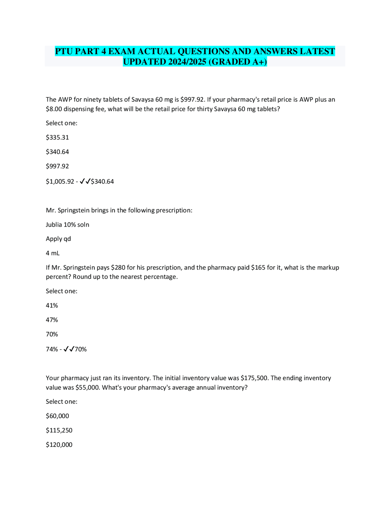 PTU PART 4 EXAM ACTUAL QUESTIONS AND ANSWERS LATEST UPDATED 2024/2025 ...