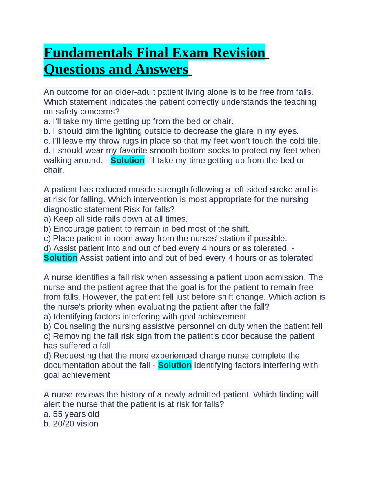 Fundamentals Final Exam Revision Questions and Answers | Exams Nursing ...