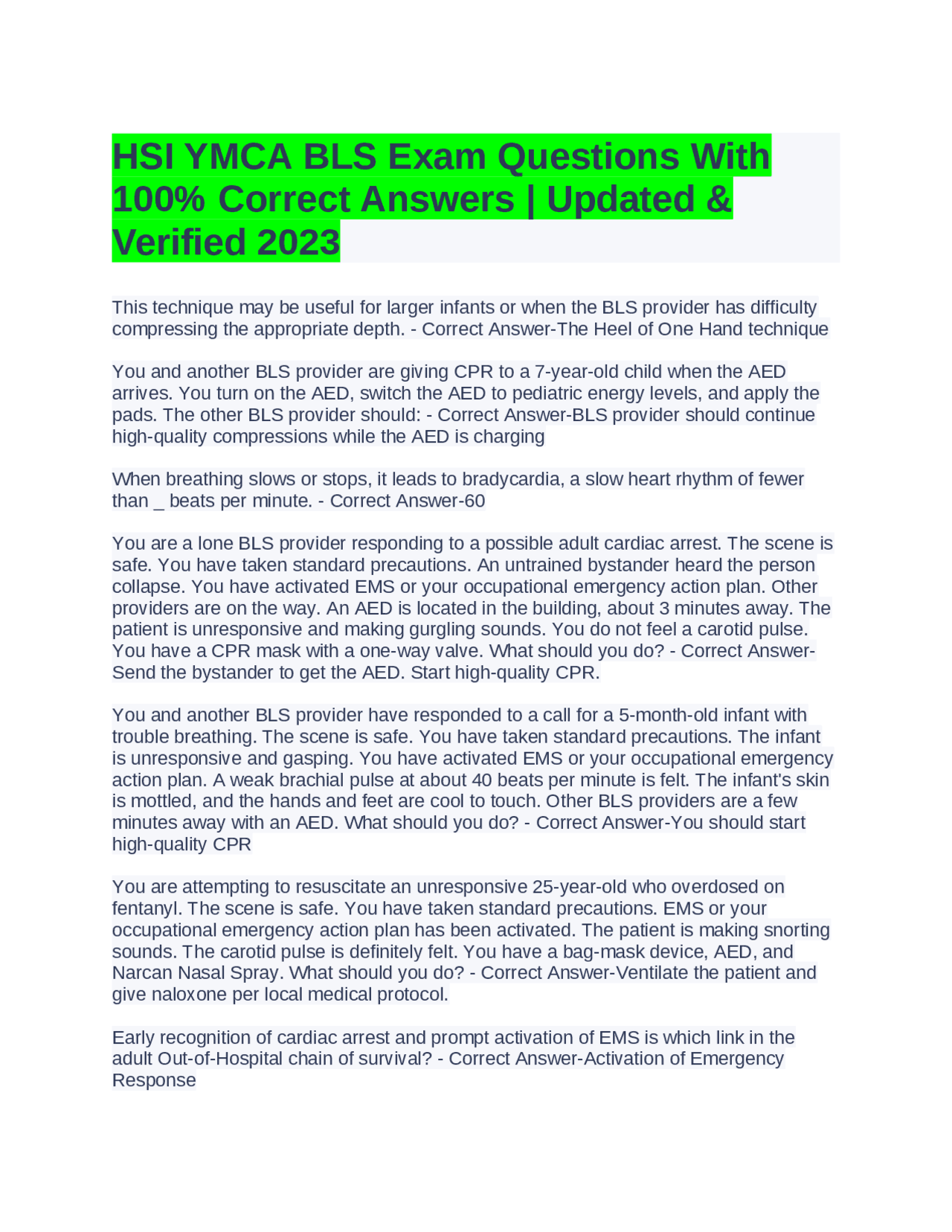 HSI YMCA BLS Exam Questions With 100% Correct Answers | Updated ...