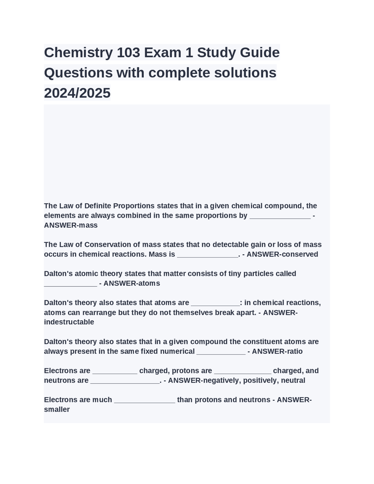 Chemistry 103 Exam 1 Study Guide Questions with complete solutions 2024_2025.docx | Exams ...
