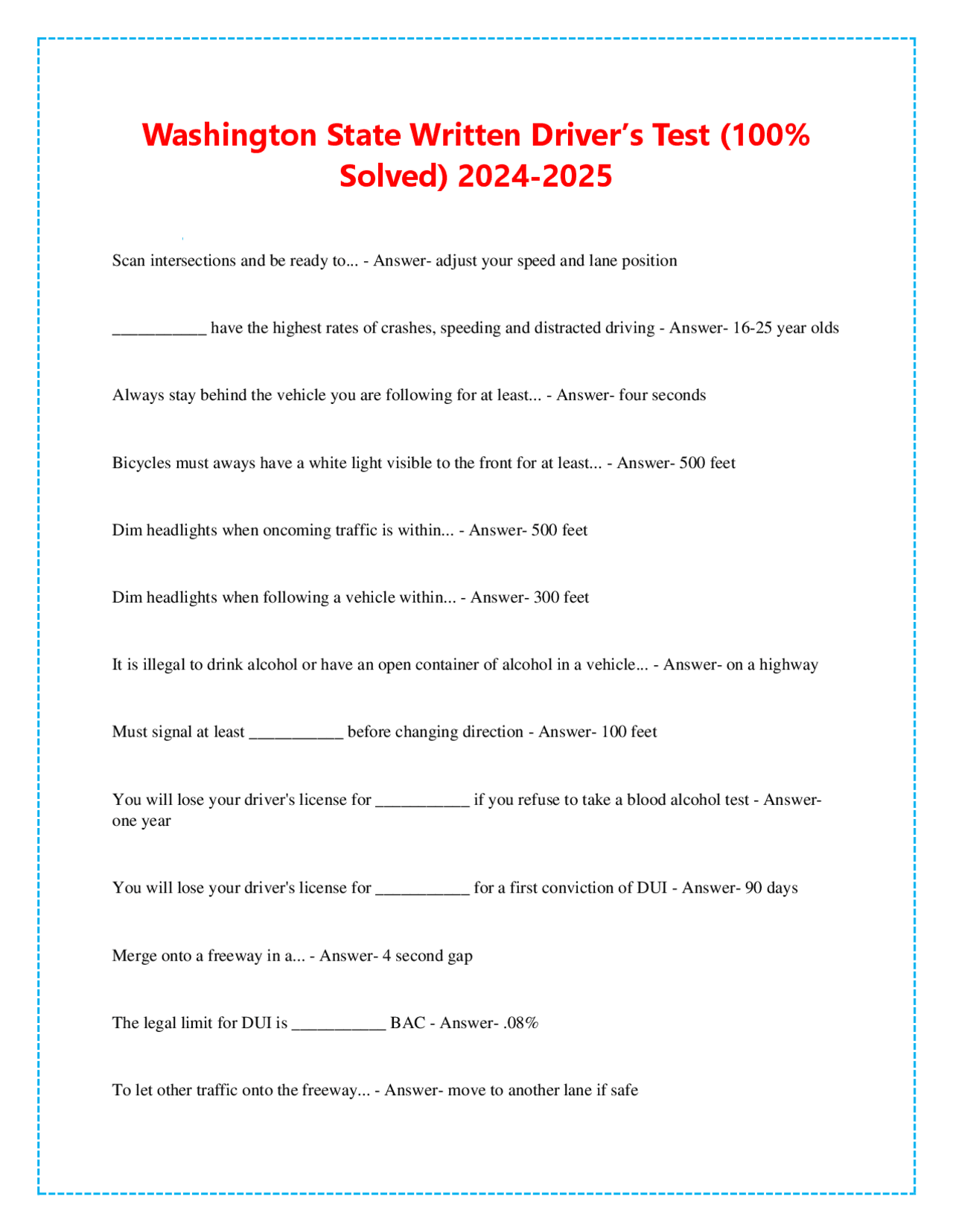 Washington State Written Driver’s Test (100% Solved) 2024-2025 | Exams ...