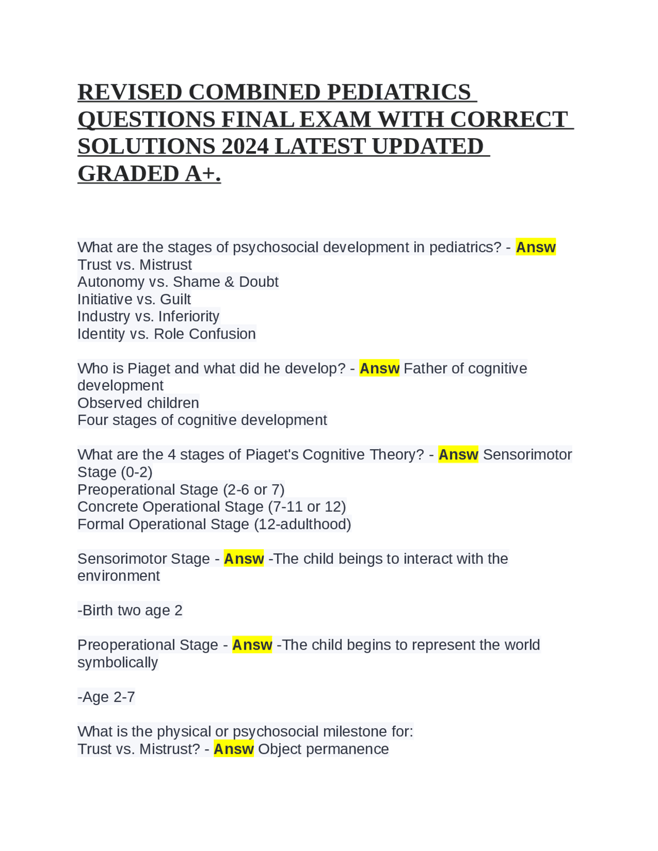 REVISED COMBINED PEDIATRICS QUESTIONS FINAL EXAM WITH CORRECT SOLUTIONS ...