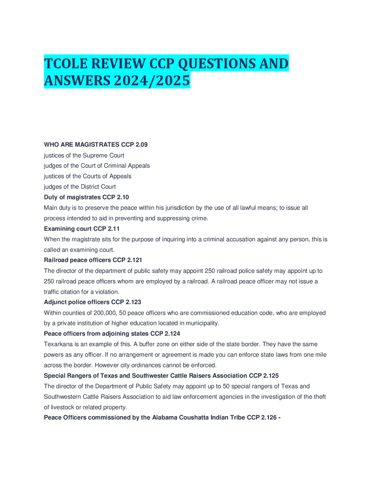TCOLE REVIEW CCP QUESTIONS AND ANSWERS 2024/2025 | Exams Law | Docsity