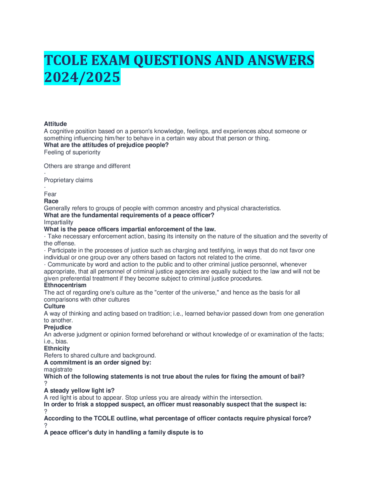 TCOLE Exam Questions and Answers | Exams Law | Docsity