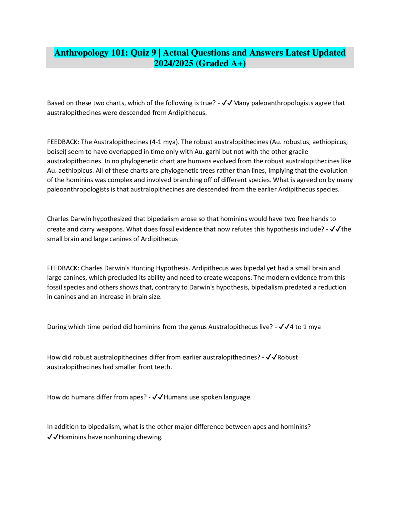 Anthropology 101: Quiz 9 | Actual Questions and Answers Latest Updated ...