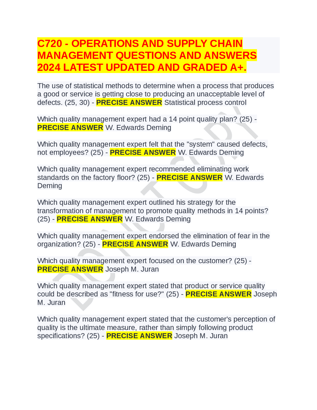 C720 - OPERATIONS AND SUPPLY CHAIN MANAGEMENT QUESTIONS AND ANSWERS ...