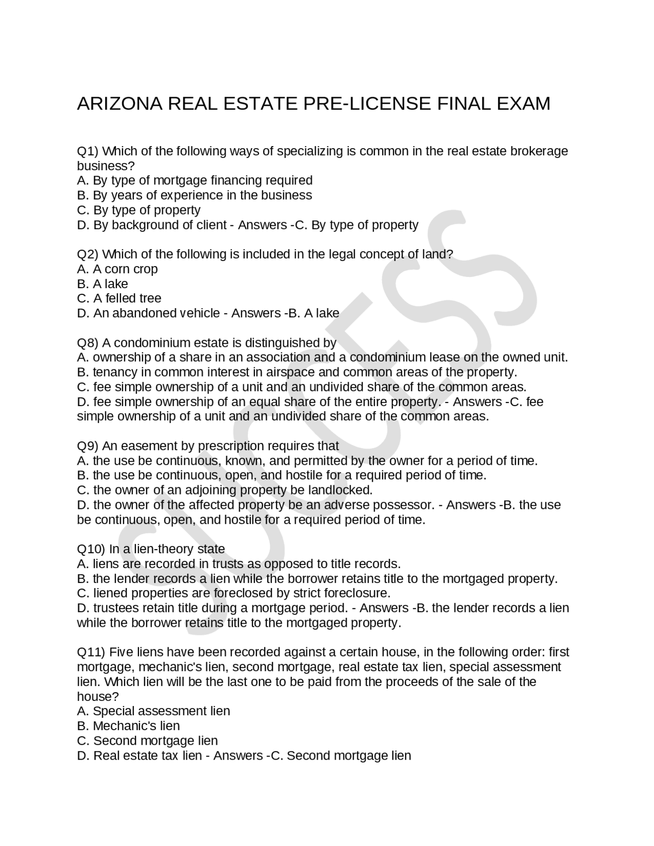 ARIZONA REAL ESTATE PRE-LICENSE FINAL EXAM | Exams Social Sciences ...