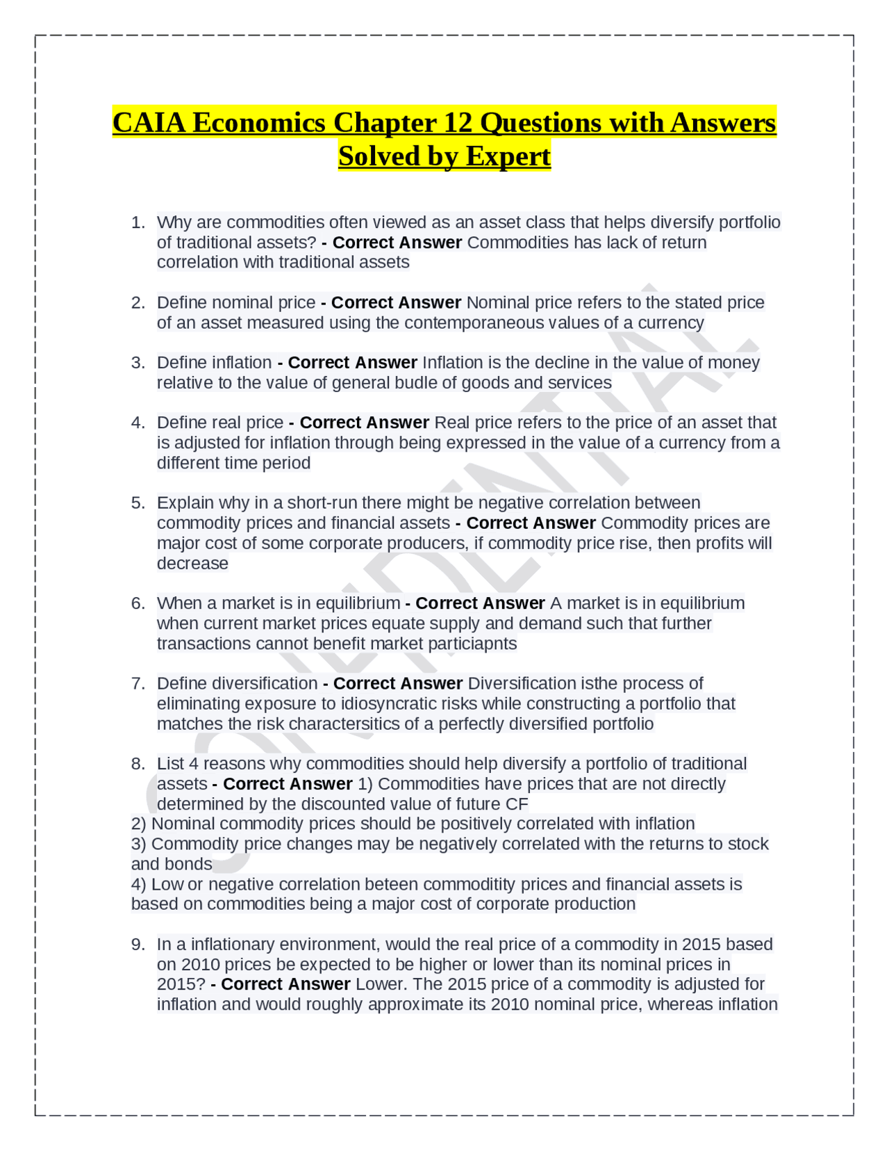 CAIA Economics Chapter 12 Questions with Answers Solved by Expert ...