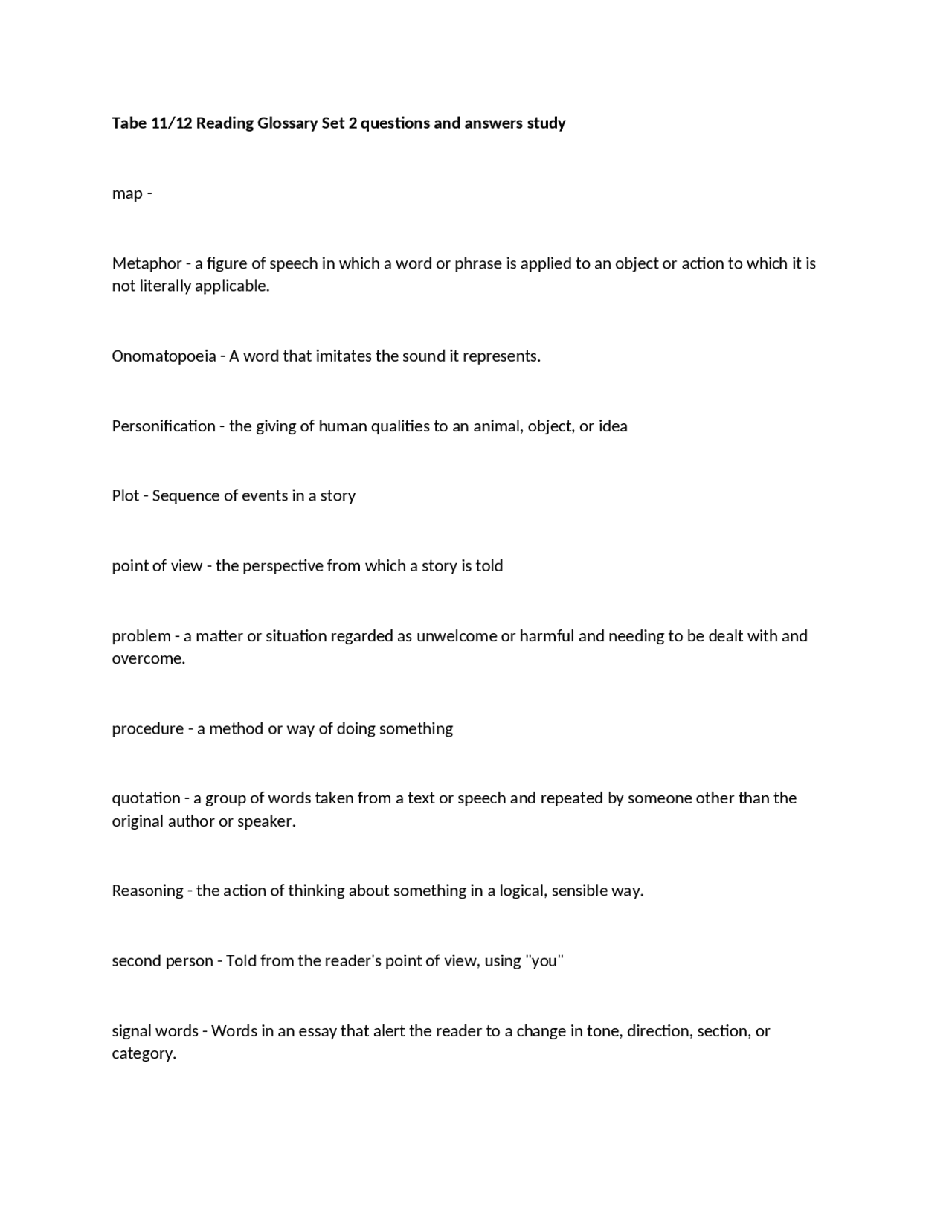 Tabe 11/12 Reading Glossary Set 2 Questions and Answers | Exams ...