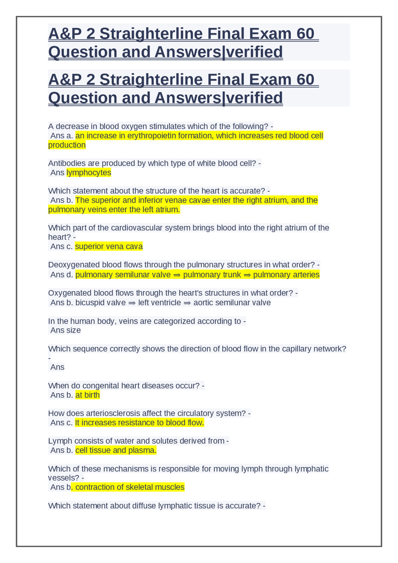 A & P 2 Straighterline Final Exam Questions and Answers 2023-2024 ...