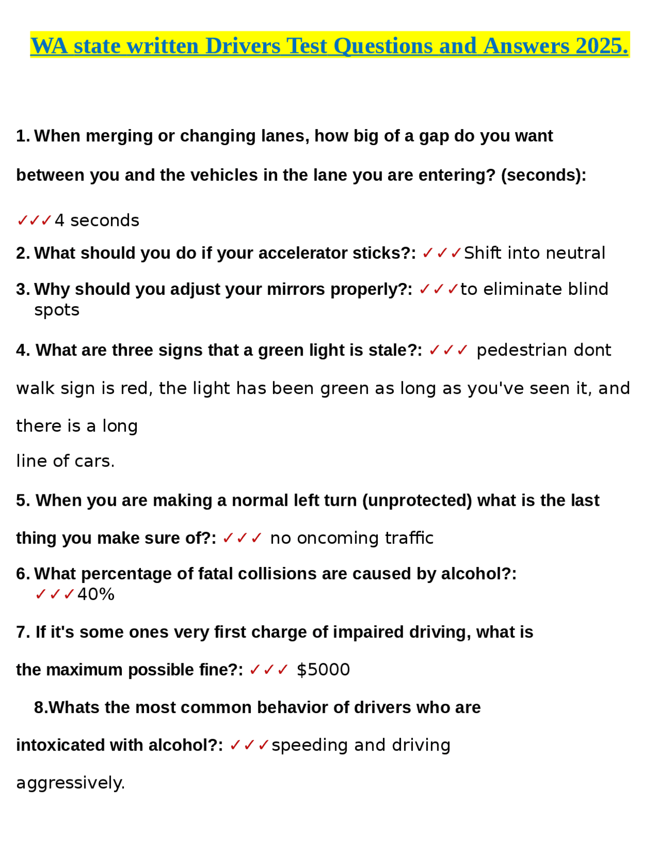 Washington State Driver's License Exam Questions and Answers | Exams ...