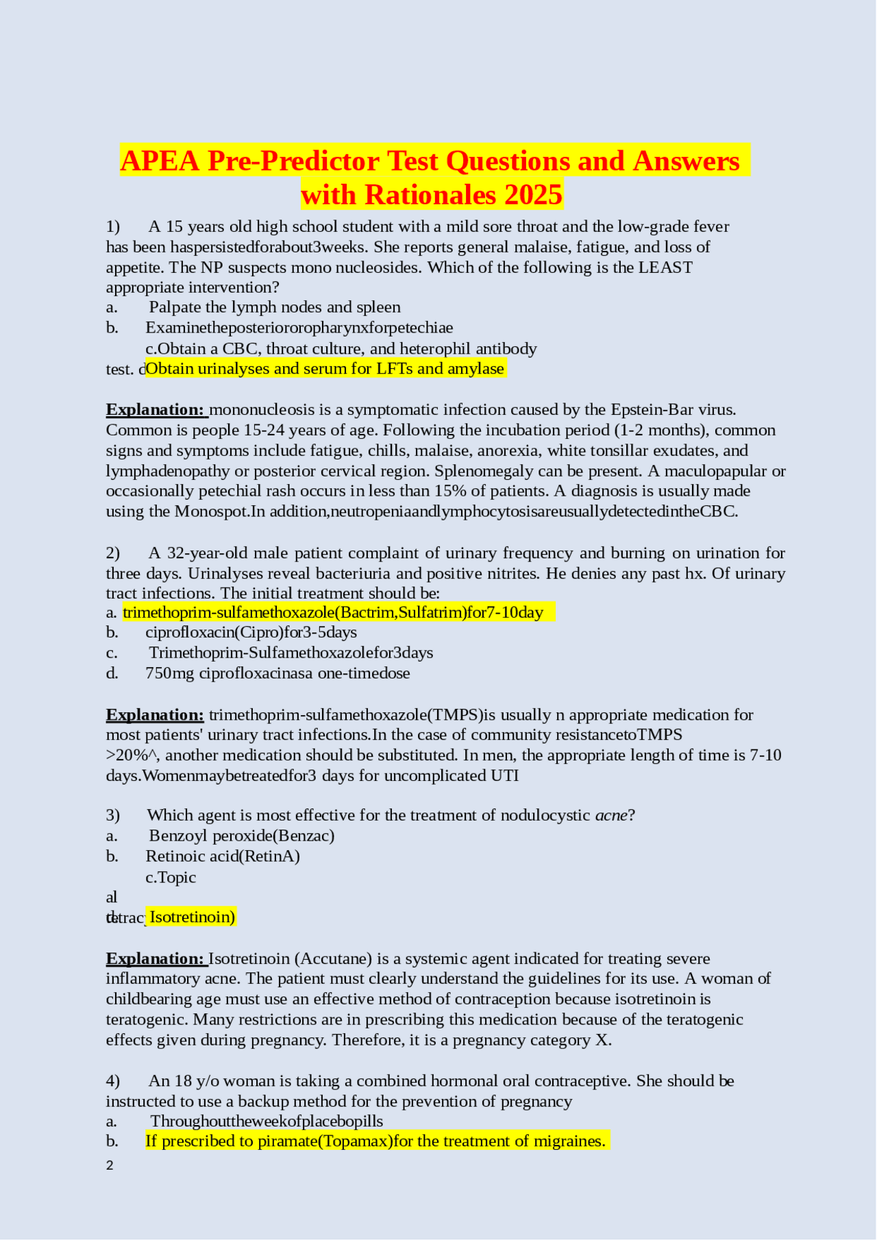 APEA Pre-Predictor Test Questions and Answers with Rationales 2025 ...