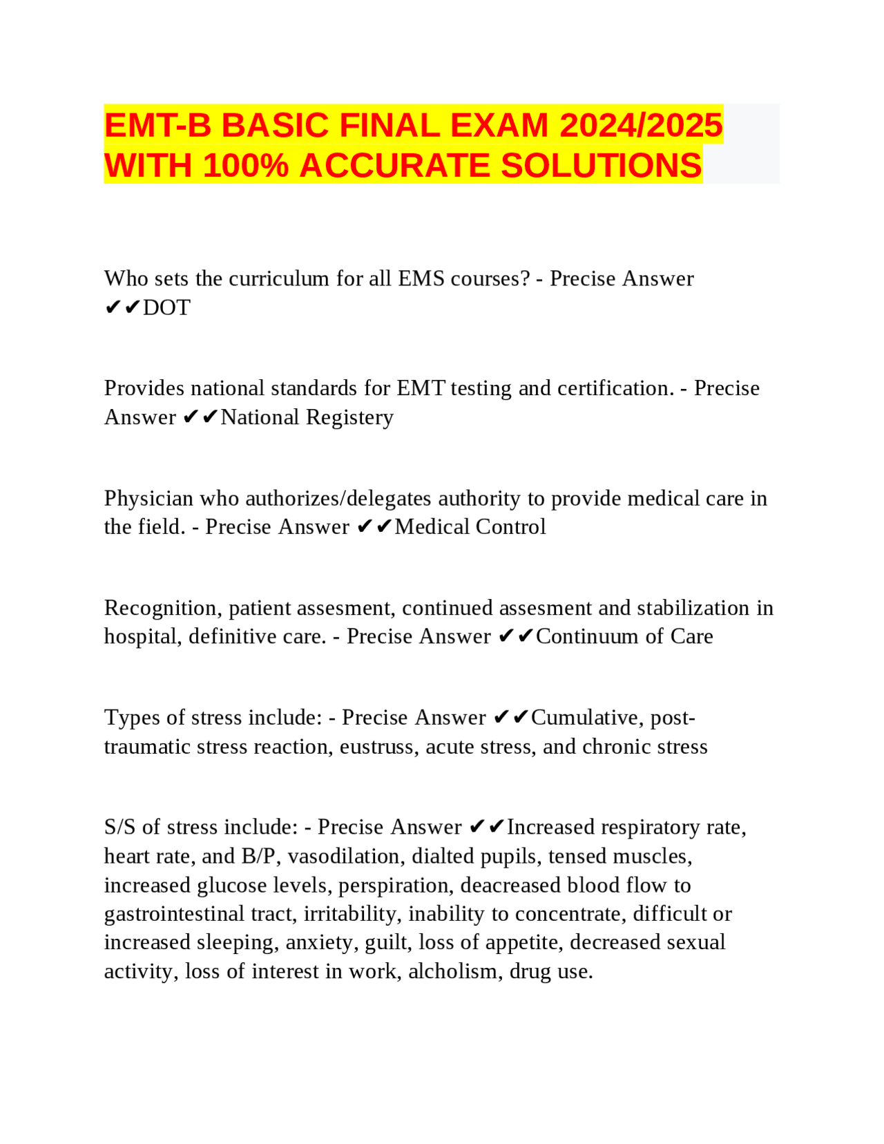 EMT-B BASIC FINAL EXAM 2024/2025 WITH 100% ACCURATE SOLUTIONS | Exams ...