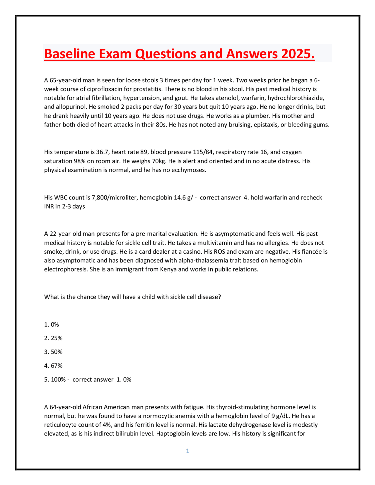Baseline Exam Questions and Answers 2025. | Exams Nursing | Docsity