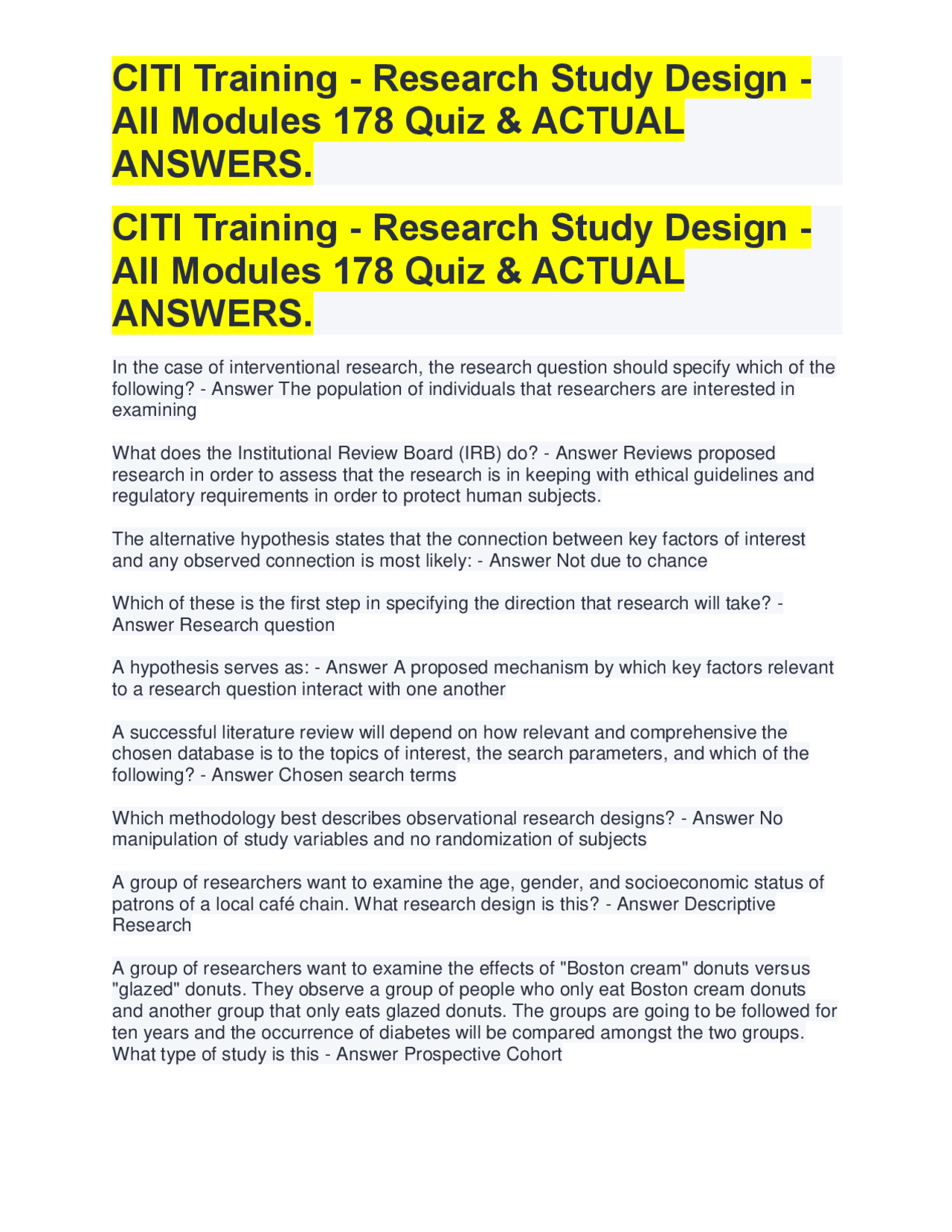 CITI Training - Research Study Design - All Modules 178 Quiz & ACTUAL ...
