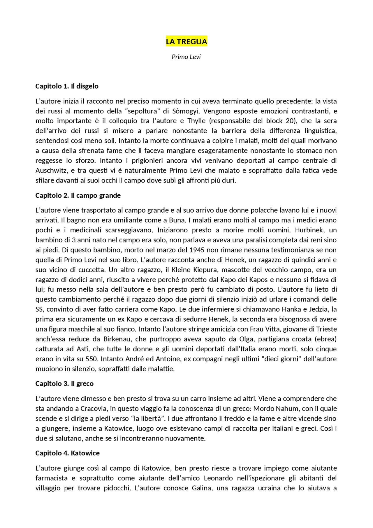 La tregua Primo Levi riassunto per capitoli | Sintesi del corso di ...