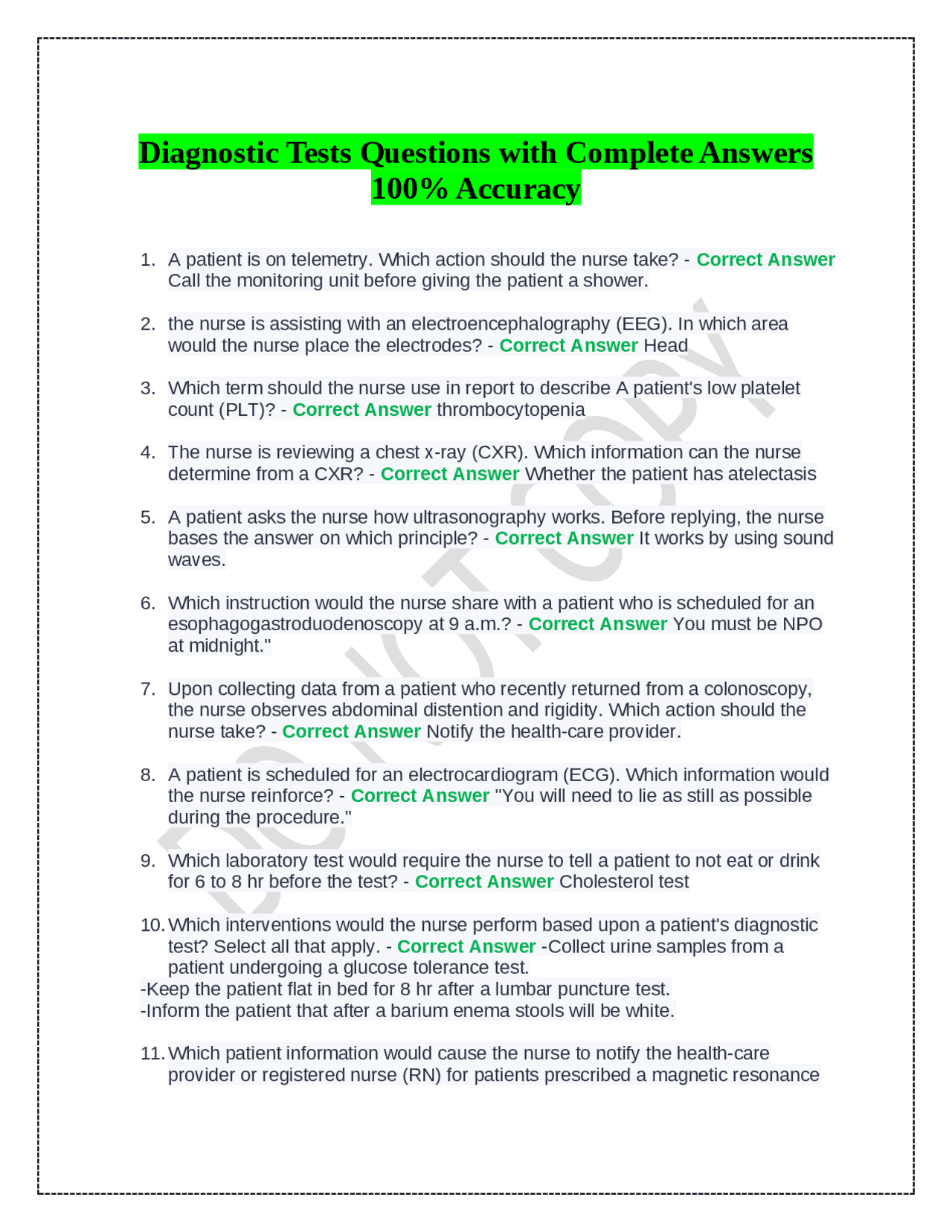 Diagnostic Tests Questions with Complete Answers 100% Accuracy | Exams ...