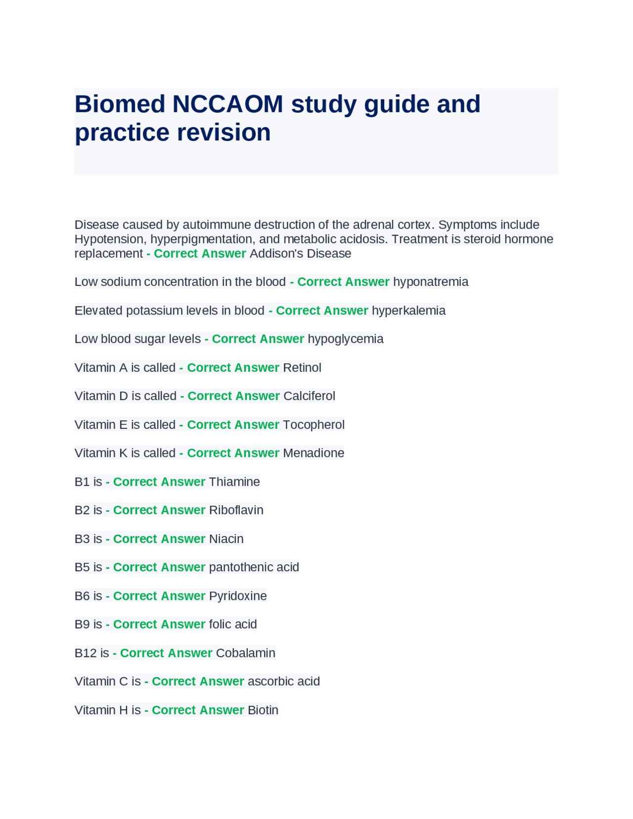 Biomed NCCAOM study guide and practice revision | Exams Biology | Docsity