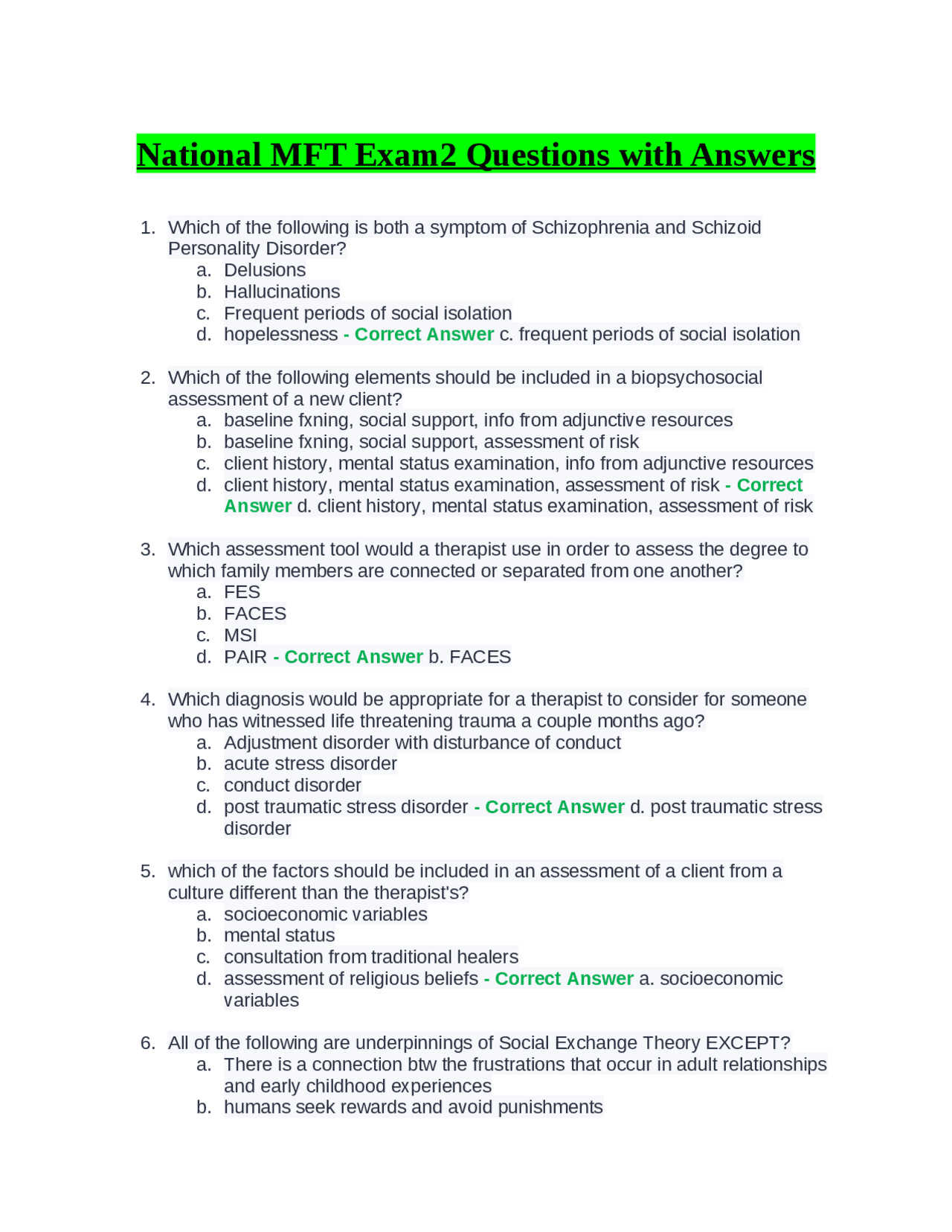 National MFT Exam Questions with Answers | Exams Nursing | Docsity
