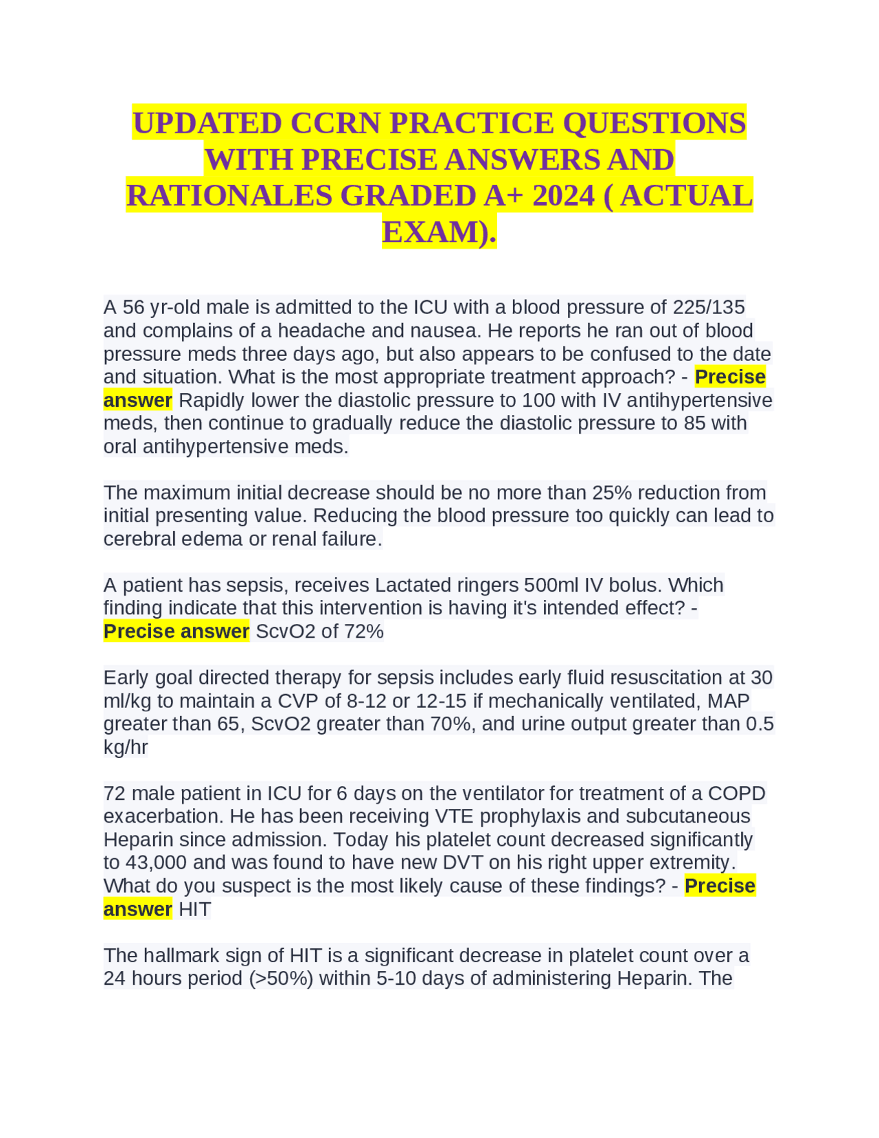 UPDATED CCRN PRACTICE QUESTIONS WITH PRECISE ANSWERS AND RATIONALES ...